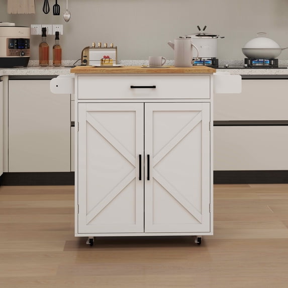 MAYEERTY Kitchen Island Rolling Trolley Cart, Rubber Wood Top with ...