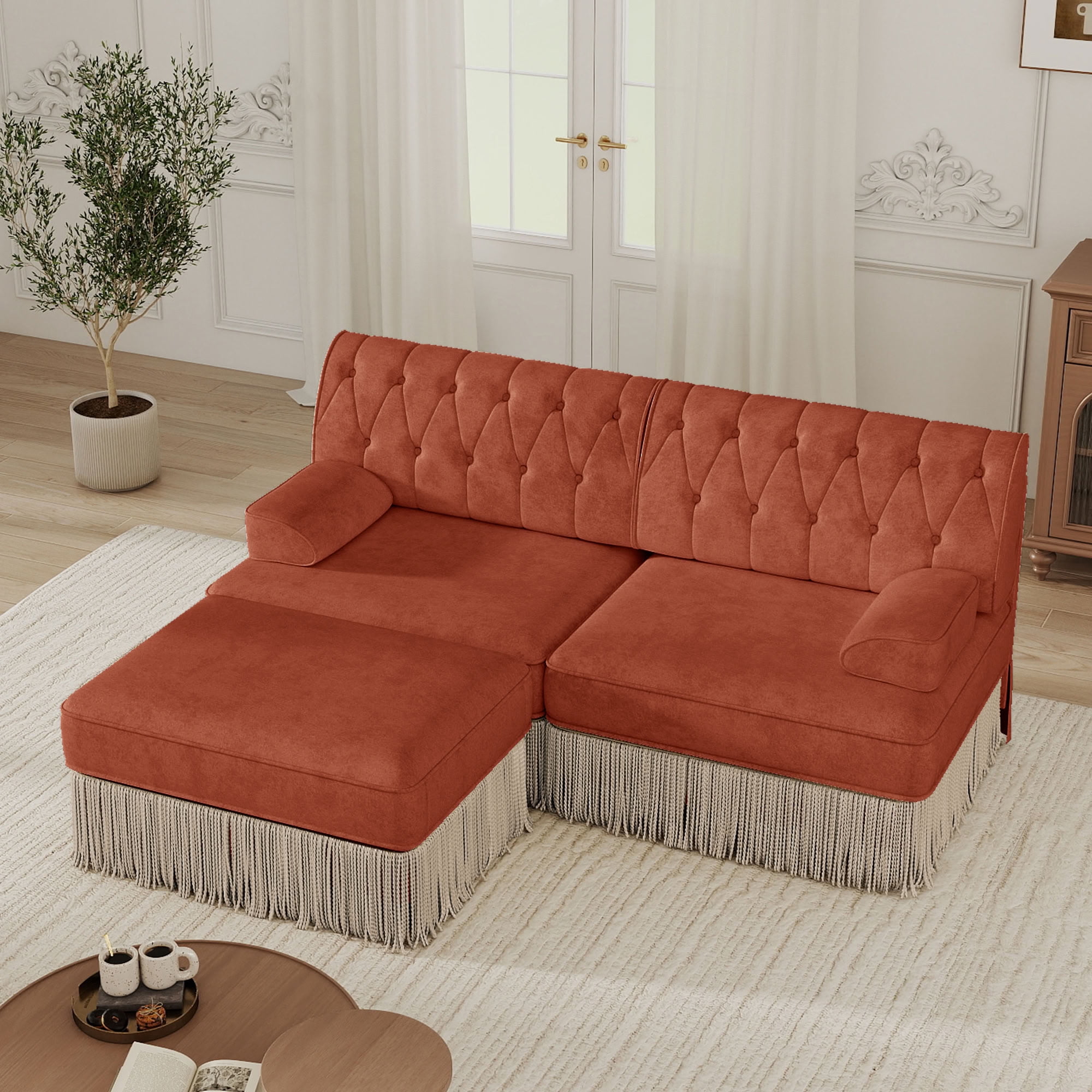 MAYEERTY L-Shaped Chesterfield Sofa, Modular Couch with Tassel ...