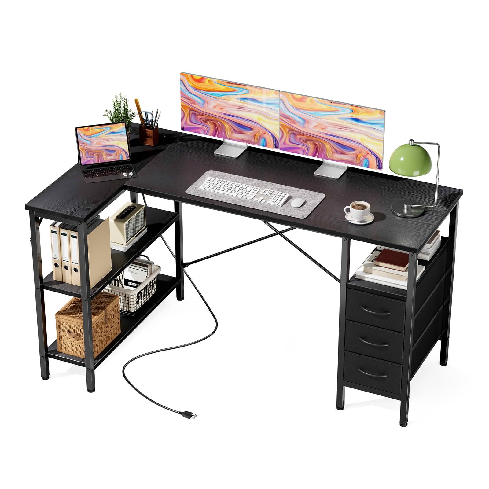 MAYEERTY L Shaped Gaming Desk with 3 Drawers Monitor Stand USB Port ...