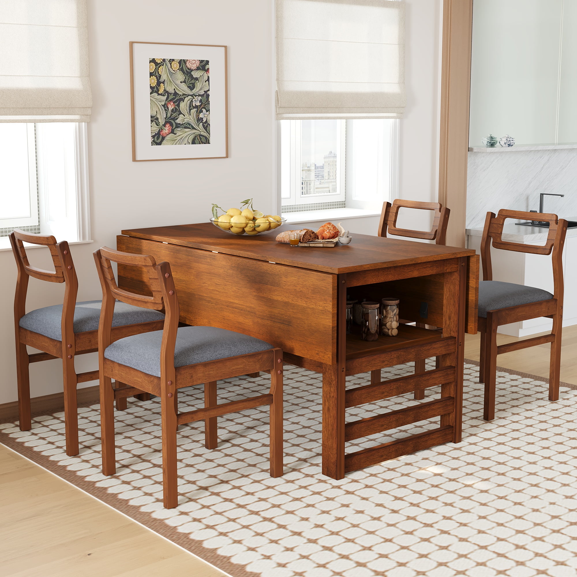 MAYEERTY Modern 5-Piece Extendable Square Dining Table Set with Storage ...