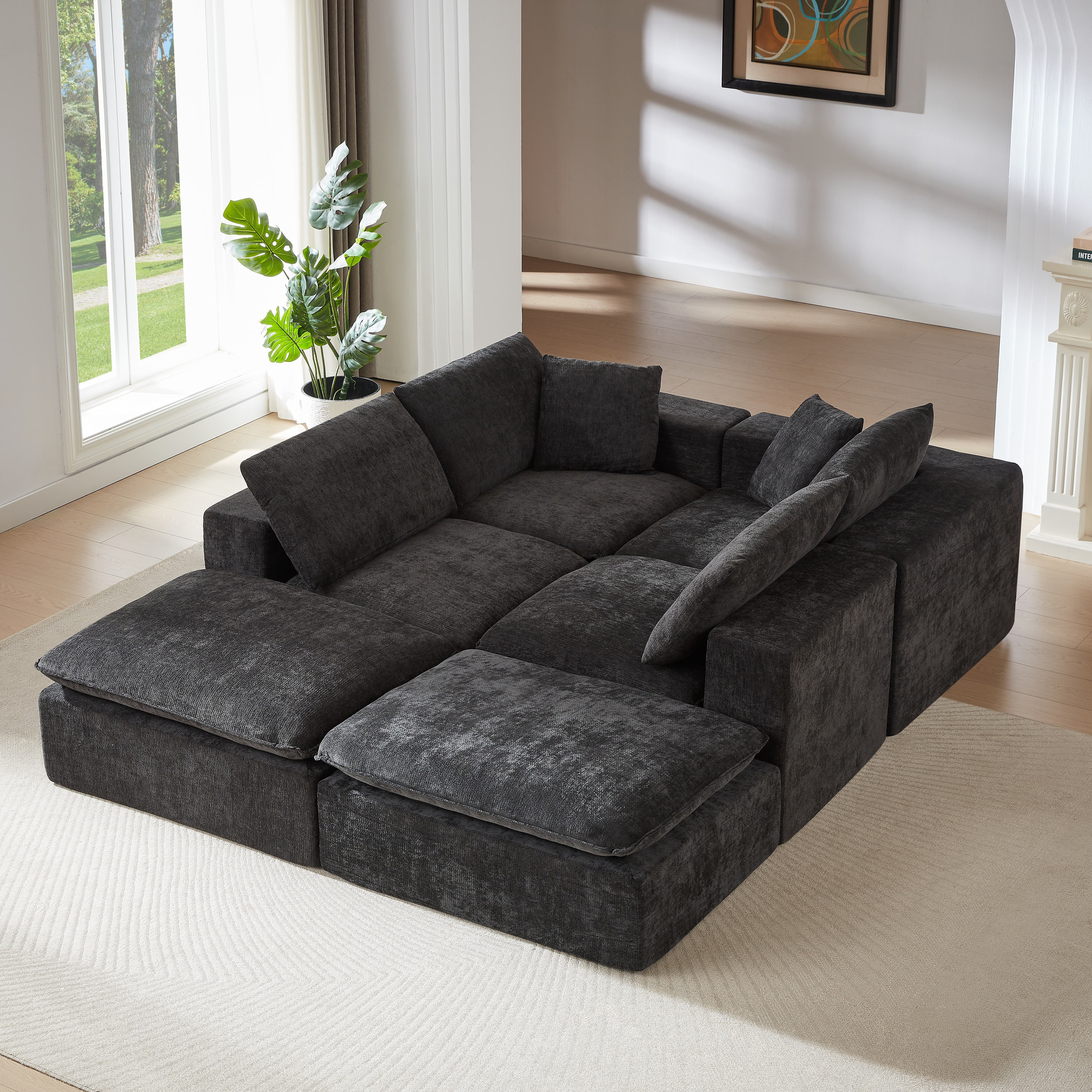 MAYEERTY Modern Modular Chenille Sofa, Black Cloud-Soft Sectional Couch ...