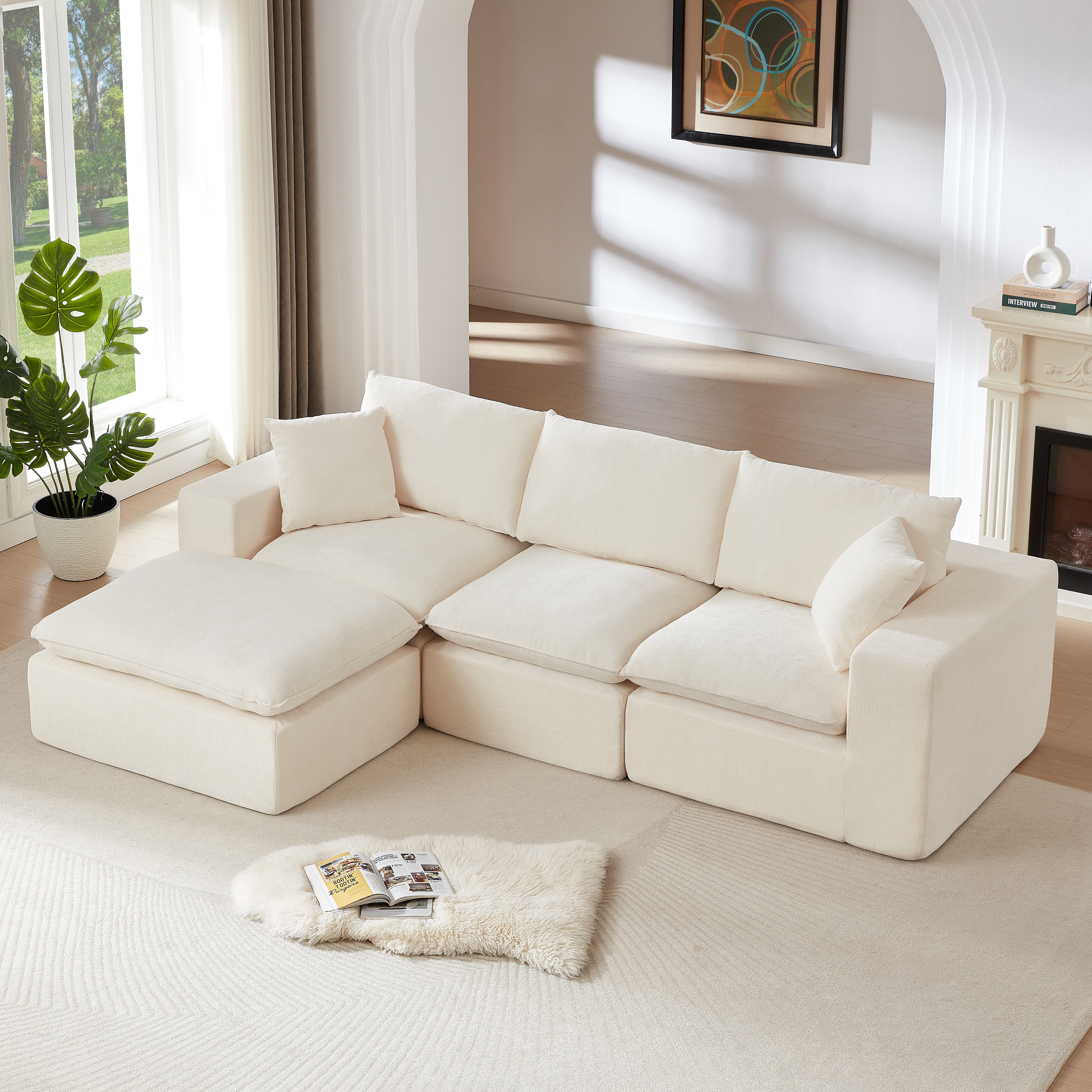 MAYEERTY Modern Modular Chenille Sofa, White Cloud-Soft Sectional Couch ...