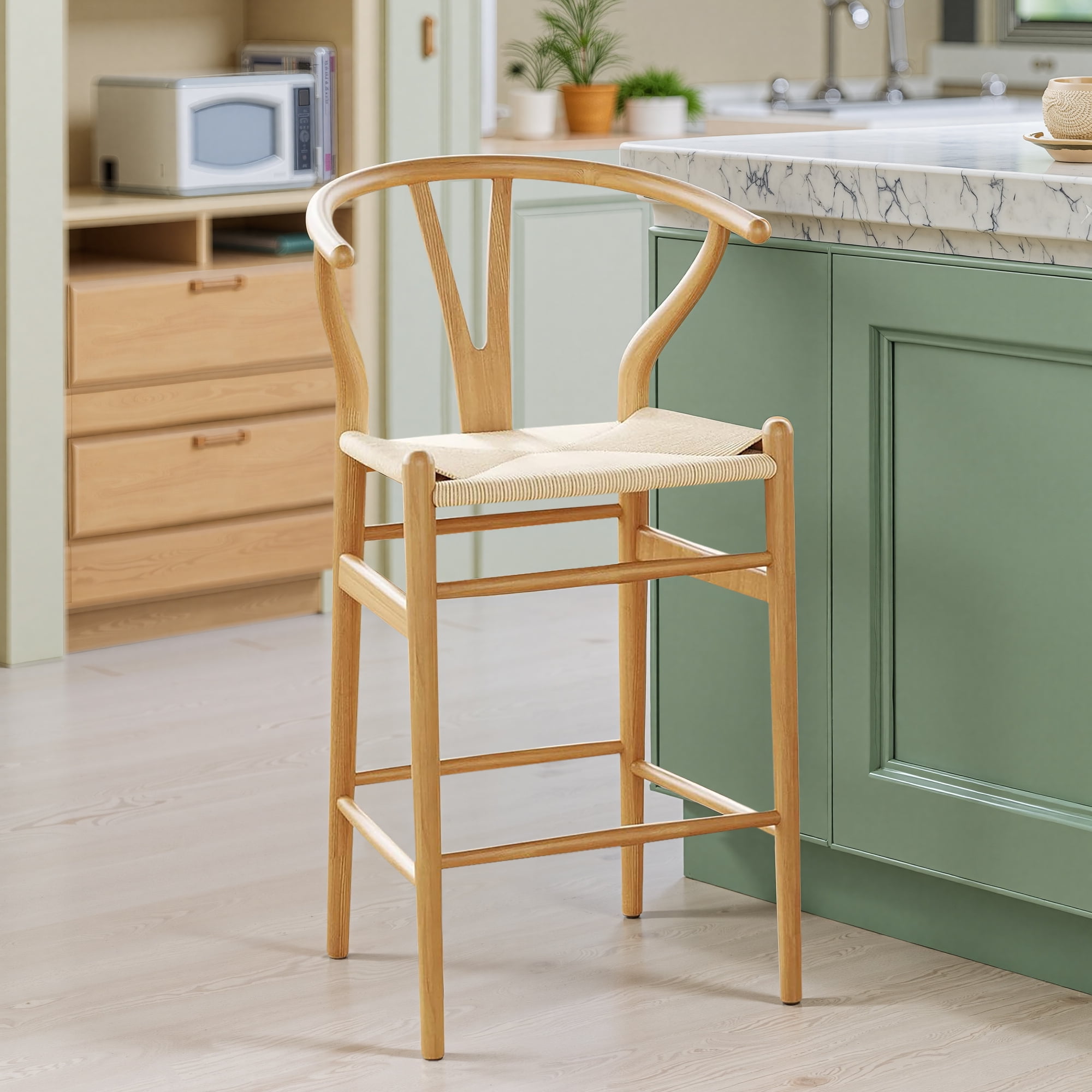 MAYEERTY Nature-Beige Fully Assembled Wishbone Weave Bar stool for ...