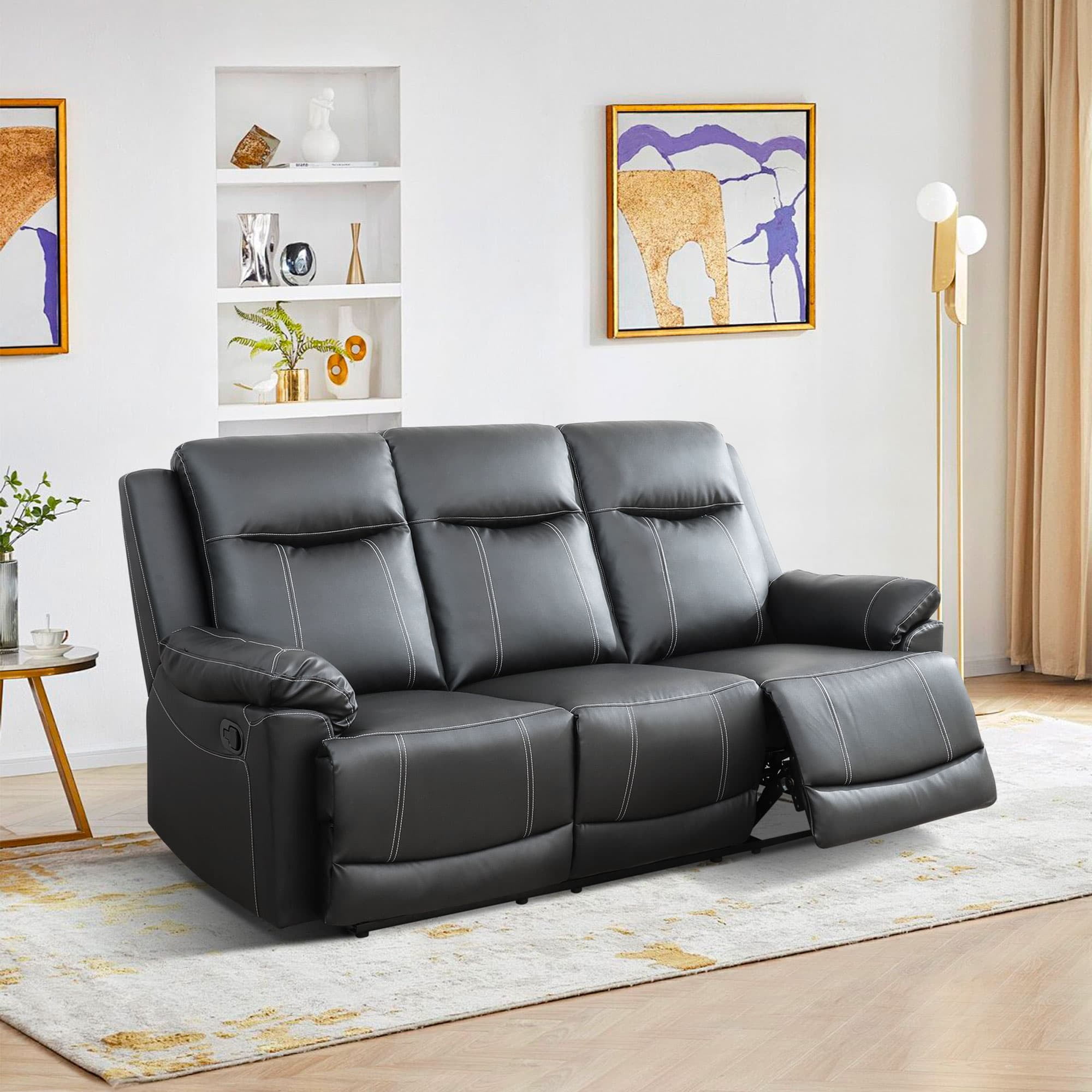MAYEERTY Reclining Sofa, 3-Seat Breathable Semi-PU Leather Recliner ...