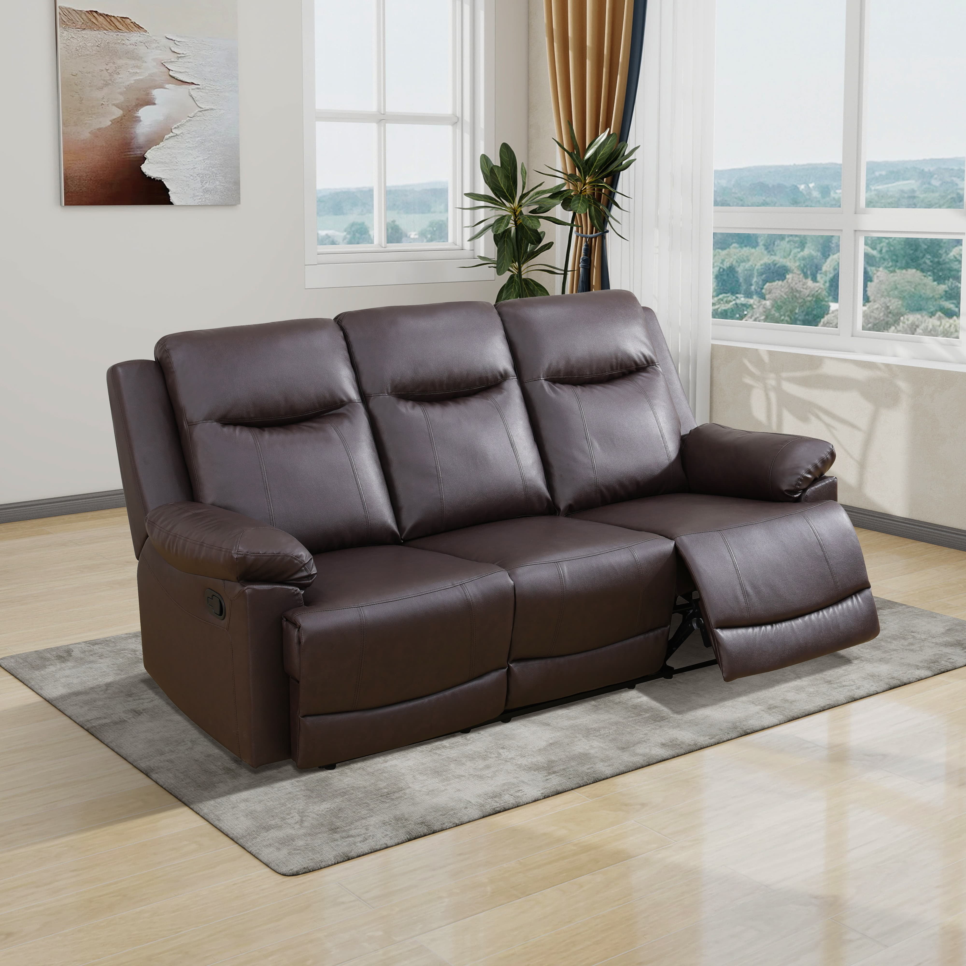 MAYEERTY Reclining Sofa, 3-Seat Breathable Semi-PU Leather Recliner ...