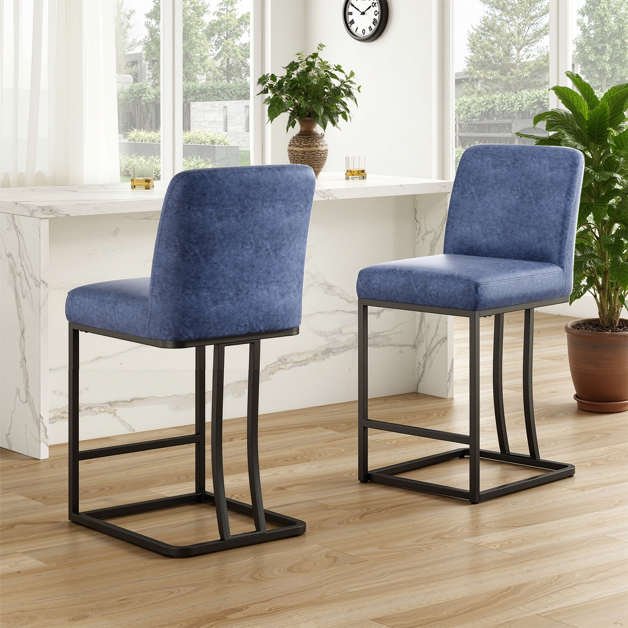 MAYEERTY Royal Blue Set of 2 Bar Stools, Upholstered Counter Height for ...