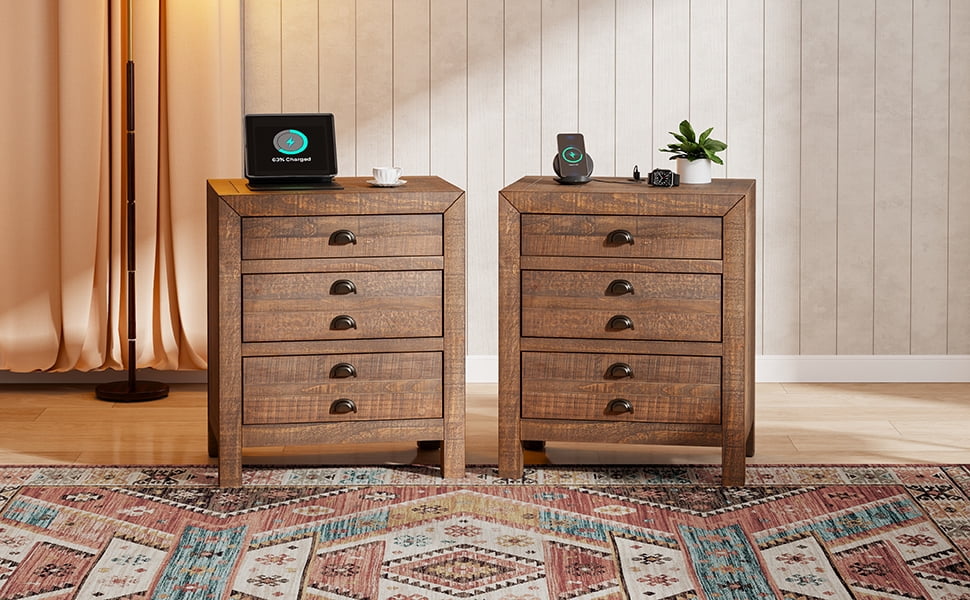 MAYEERTY Rustic Farmhouse Nightstand Set of 2:Solid Pine Wood with Cup ...