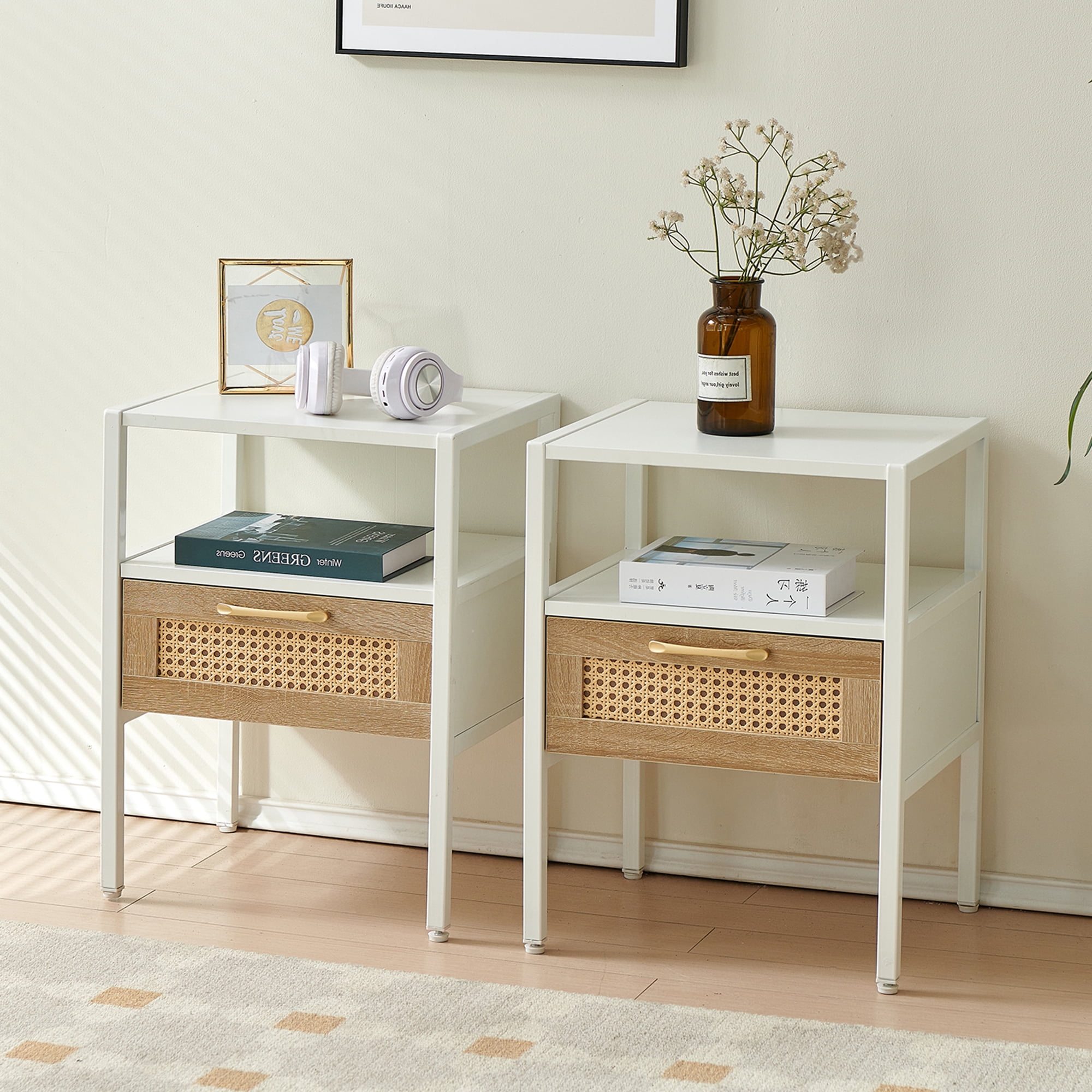 MAYEERTY Set of 2, 15.75" Rattan End Tables with Drawer, Modern ...