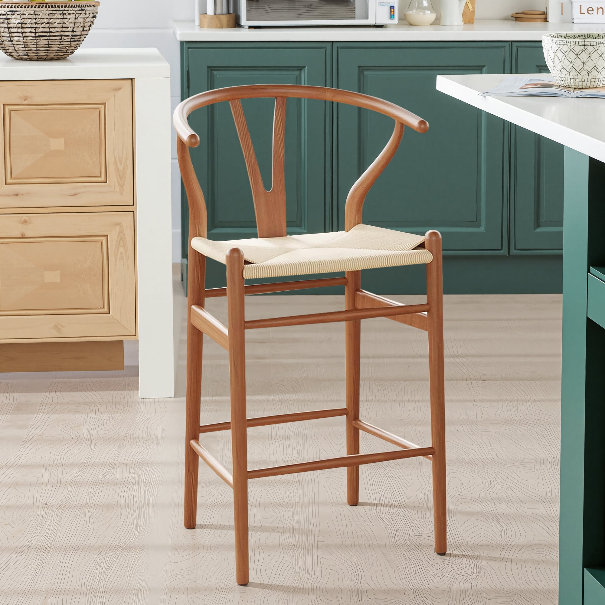 MAYEERTY Walnut-Beige Fully Assembled Wishbone Weave Bar stool for ...