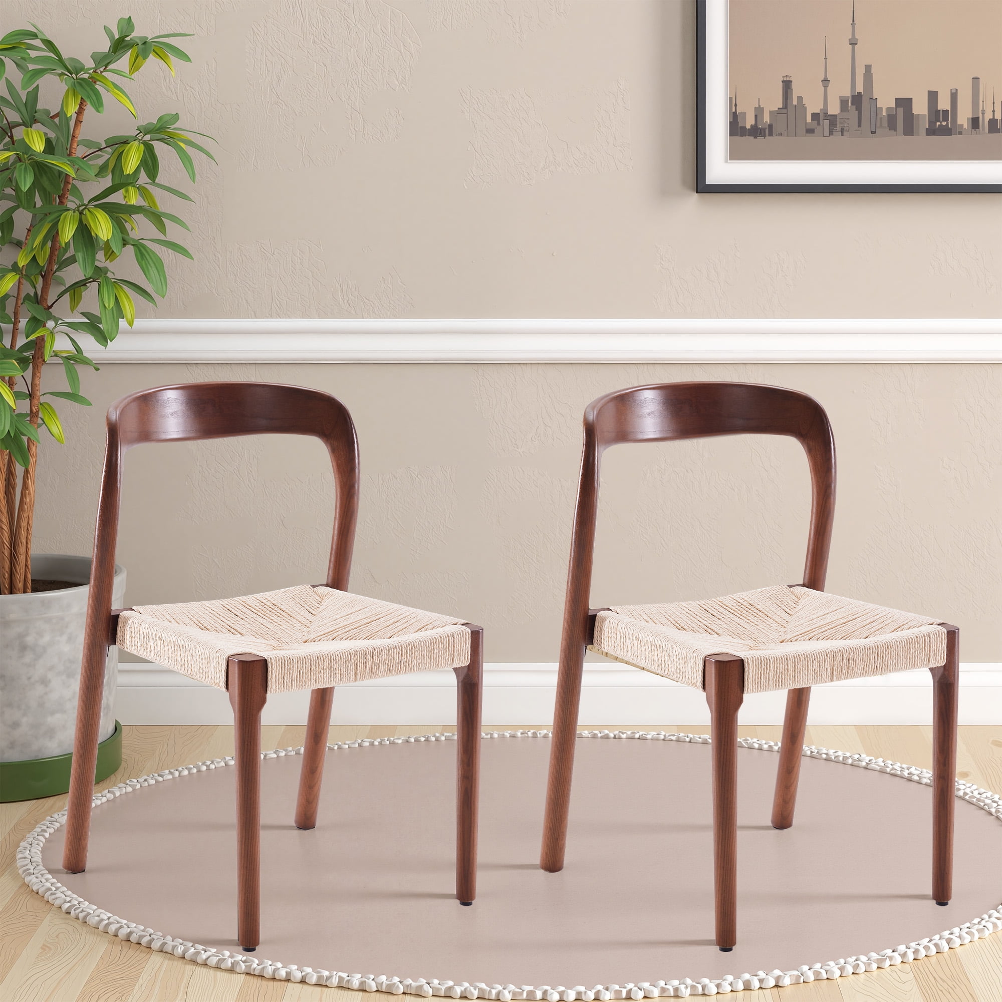 MAYEERTY Walnut Set of 2 Modern Ash Wood Stackable Dining Chairs, Fully ...
