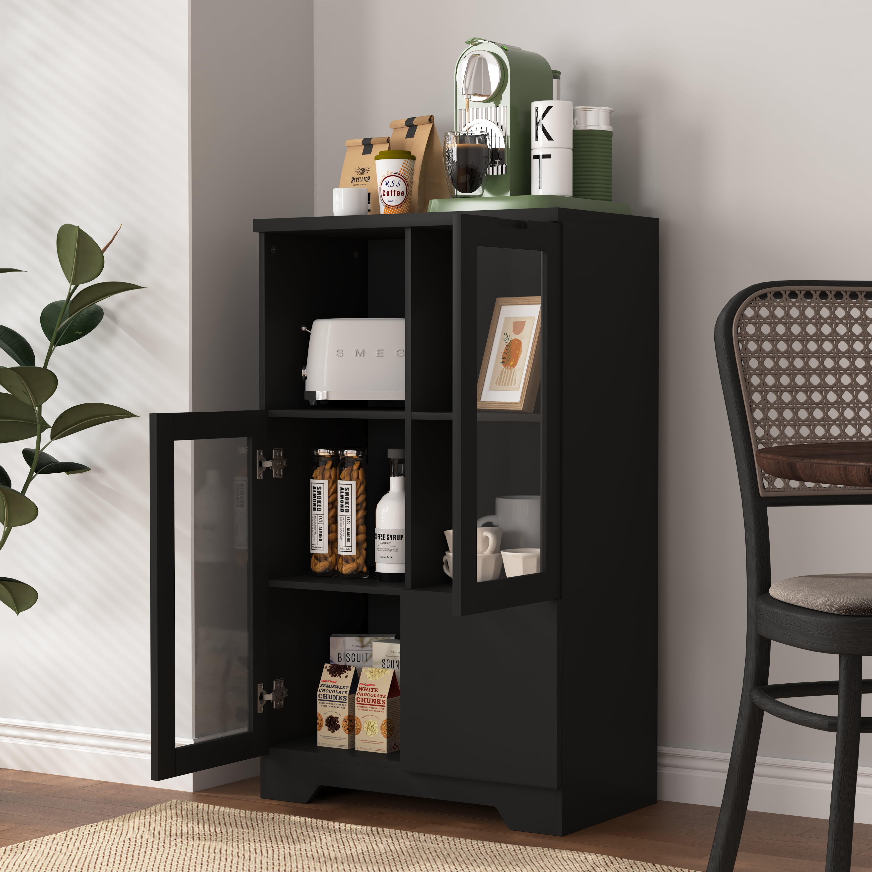 MAYEERTY White MDF Cabinet with Glass Doors & Drawer, Modern Storage ...