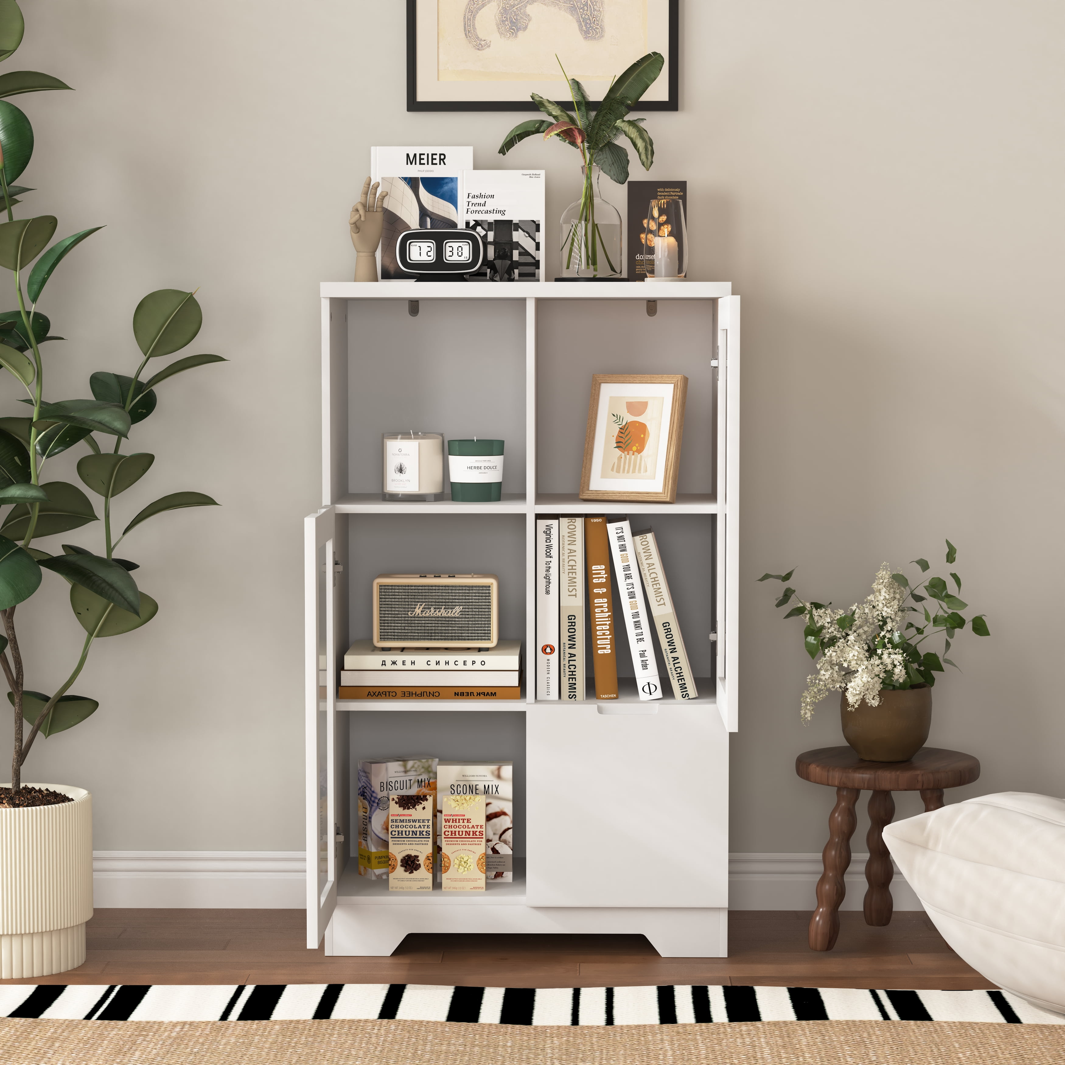 MAYEERTY White MDF Cabinet with Glass Doors & Drawer, Modern Storage ...