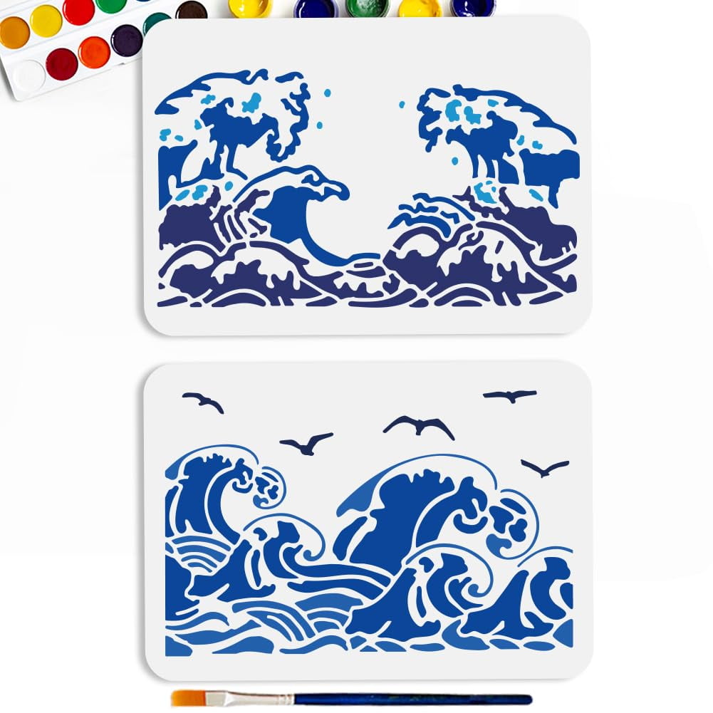 MAYJOYDIY 2Pcs Ocean Waves Stencil A4 Size Reusable Sea Wave Seagull PET Stencil 116x82inchs ...