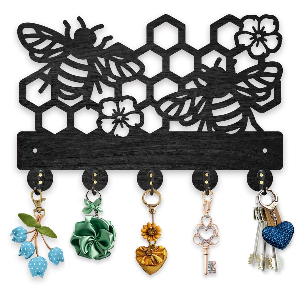 MAYJOYDIY Wooden Honey Bee Flower Key Rack 11.8x7.8inch Beehive Key ...