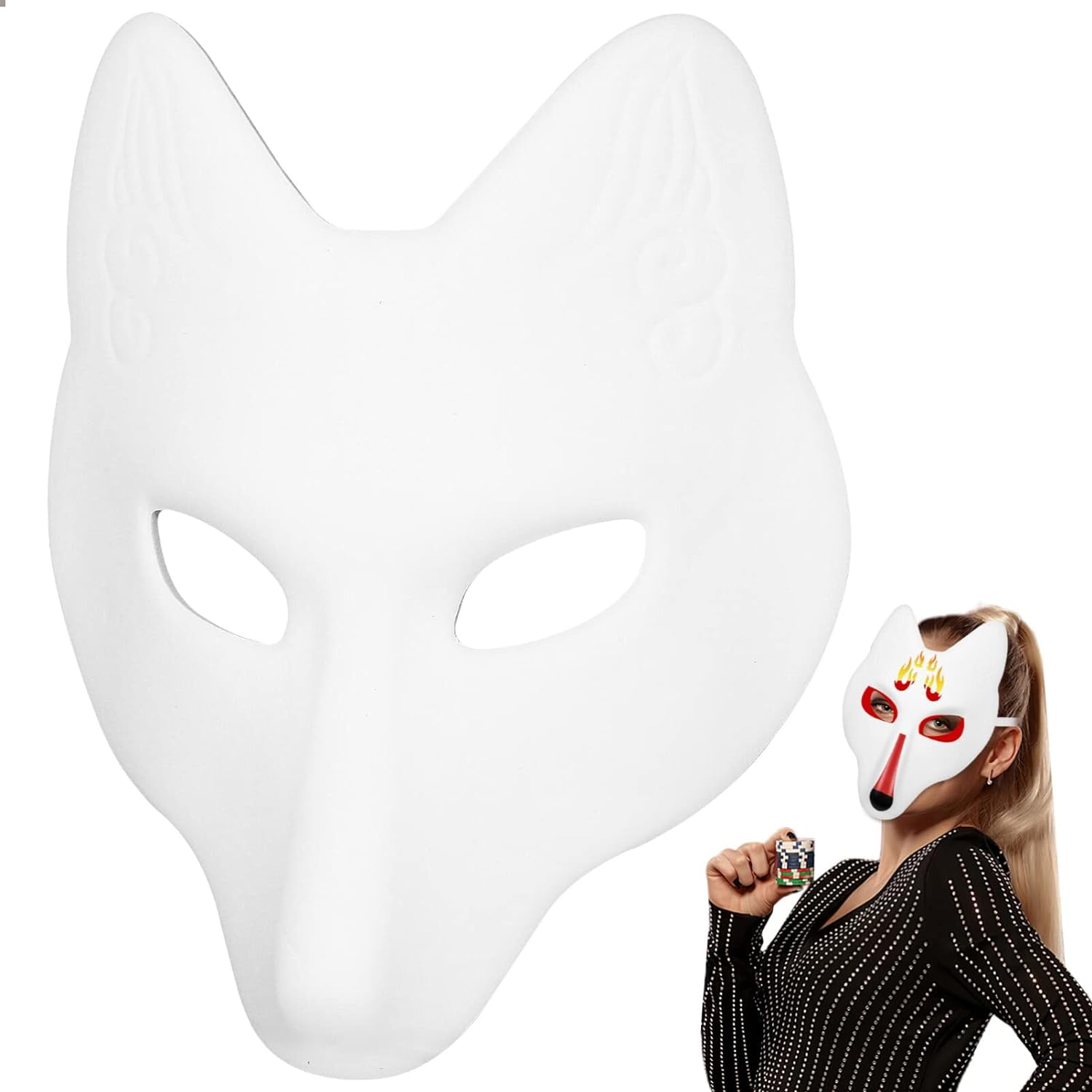 MAYUJIAASE Fox Mask, Blank White Full Face Mask Japanese Style DIY ...