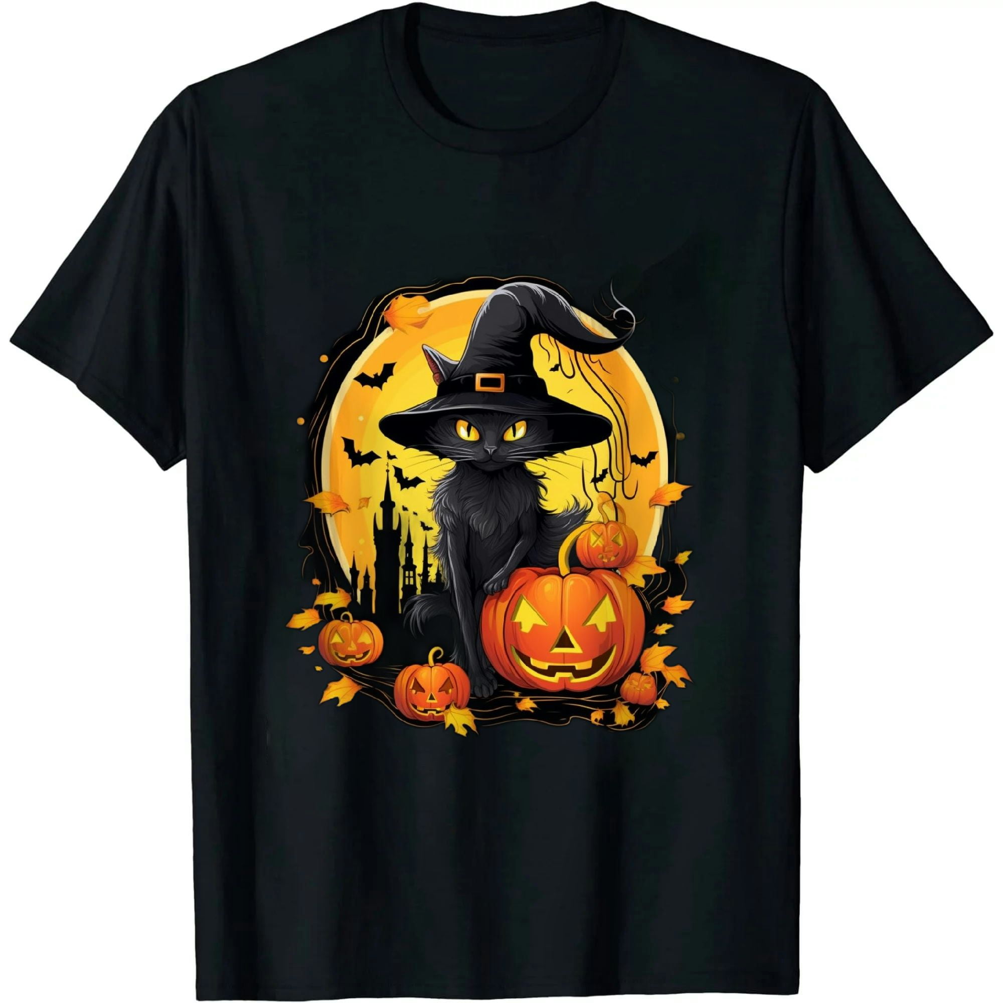 MAYZERO Black T shirt Vintage Black Cat Witch Scary Halloween Costume T-Shirt 050 - Walmart.com