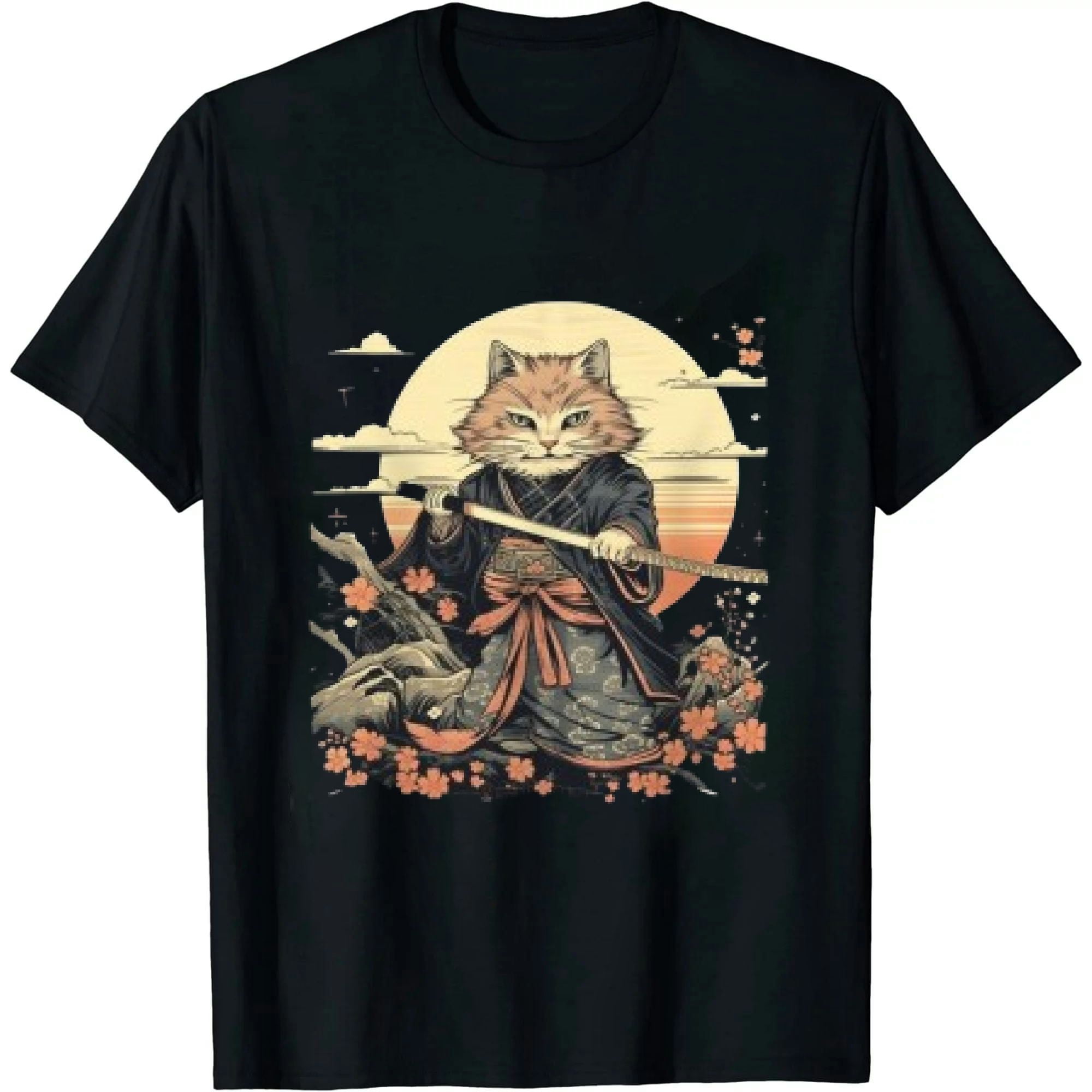 MAYZERO Japanese Art Cat Ninja Ukiyo-e Anime Style Samurai Cat T-Shirt ...
