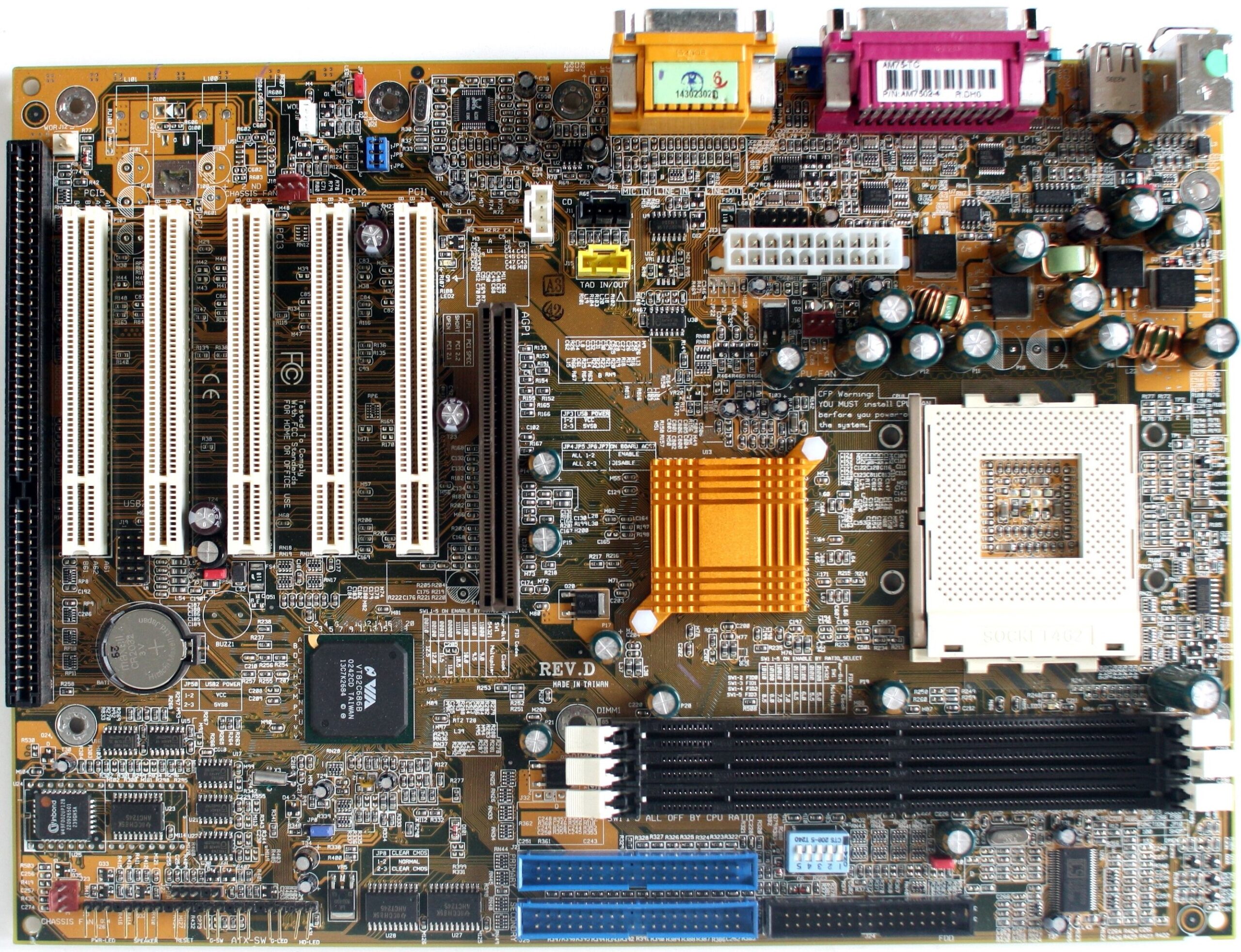 MB, AM75 REV.D, AM75-TC P/N AM7502-4 R.D00, AUDIO/VIDEO, 1xISA, 5x PCI ...