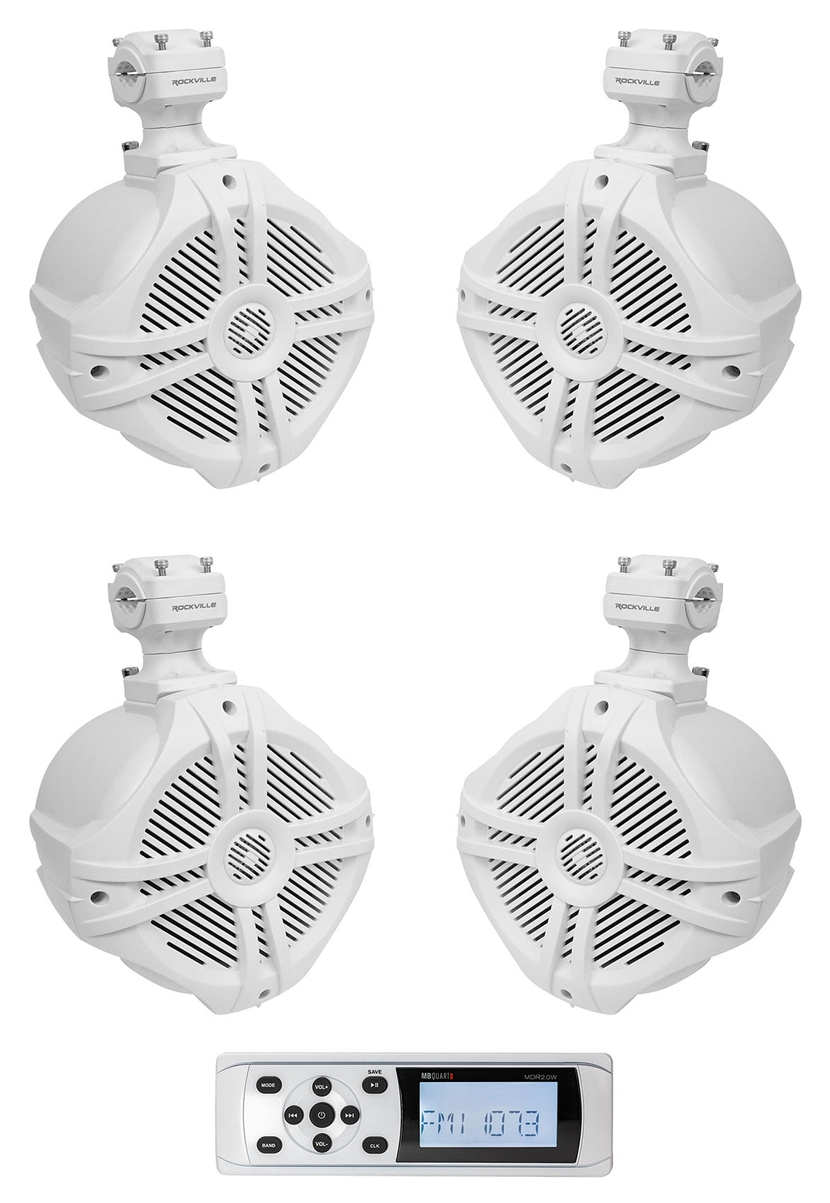 MB QUART MDR2.0W Marine Boat AM/FM Bluetooth Receiver+(4) Swivel Tower ...