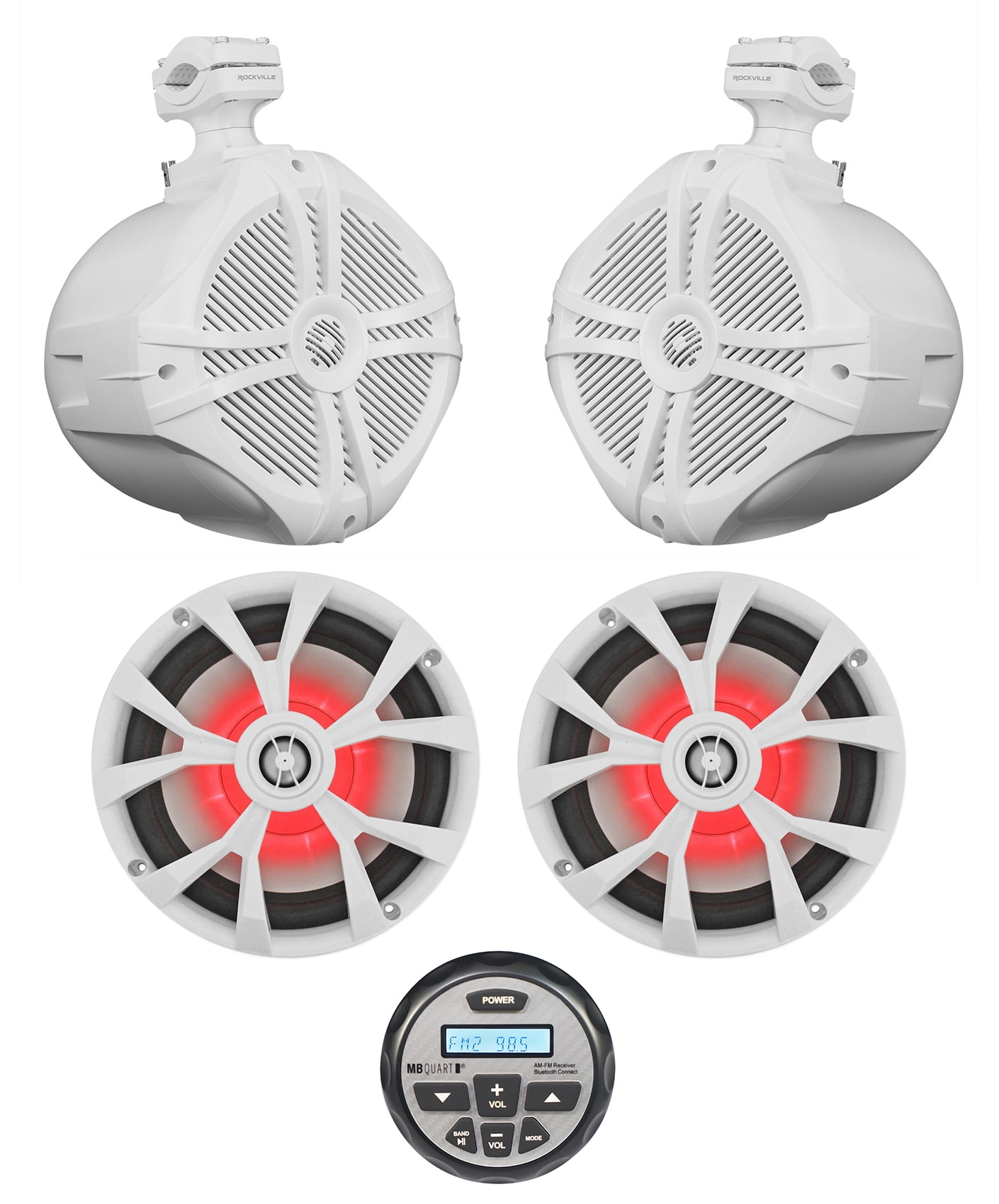 MB Quart GMR-2.5 Marine Bluetooth Gauge Receiver+White 8" Tower+Coaxial ...