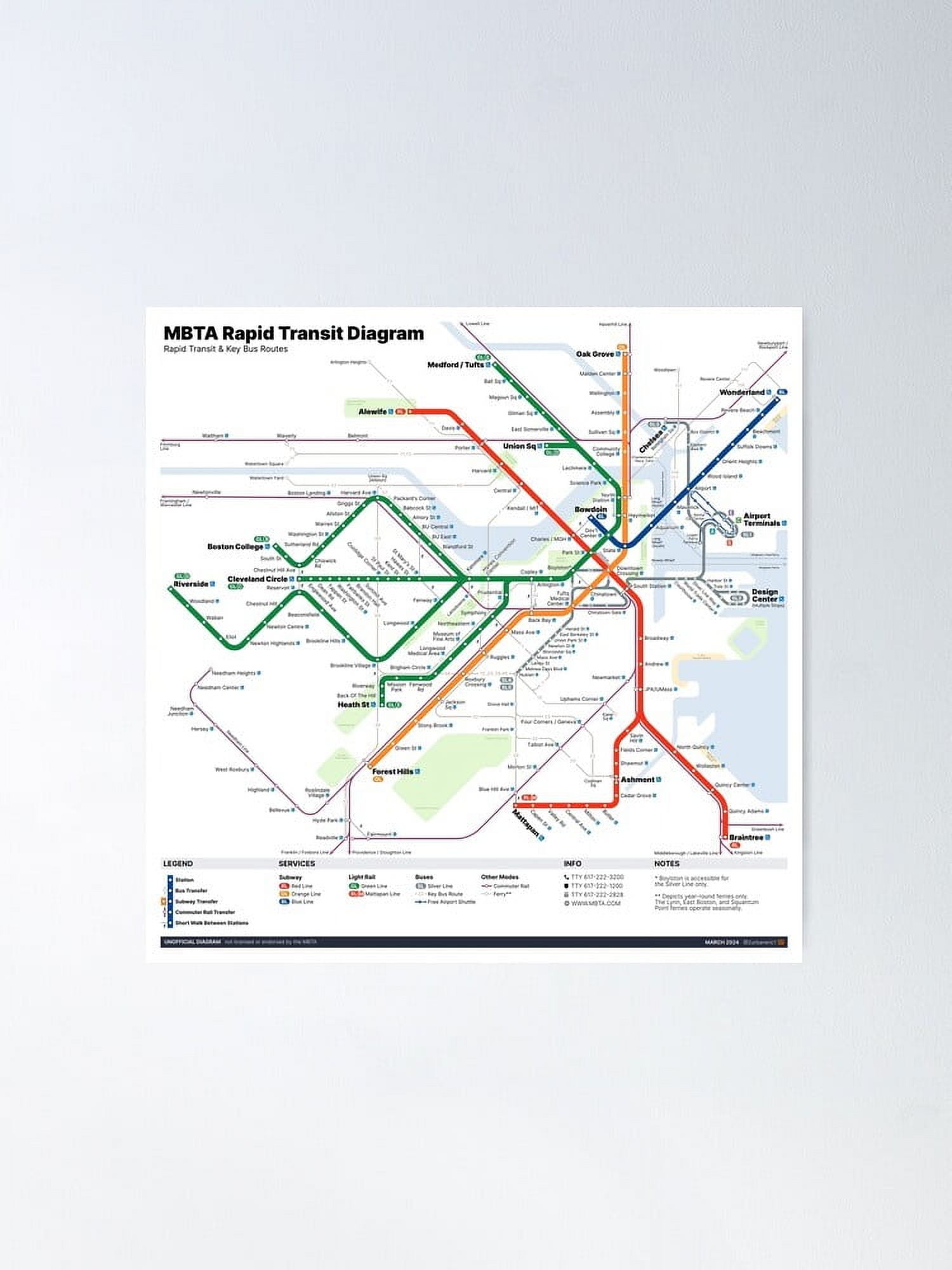 MBTA Rapid Transit Map [Light] Poster - Walmart.com