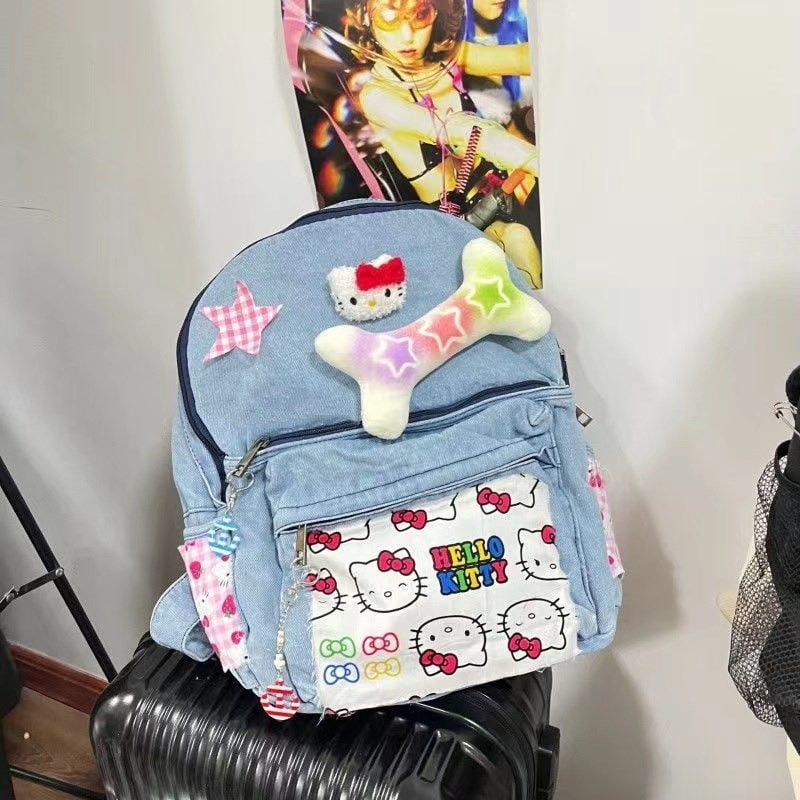 MBTI Y2k Hello Kitty Womens Backpack Original Denim Vintage Patchwork ...