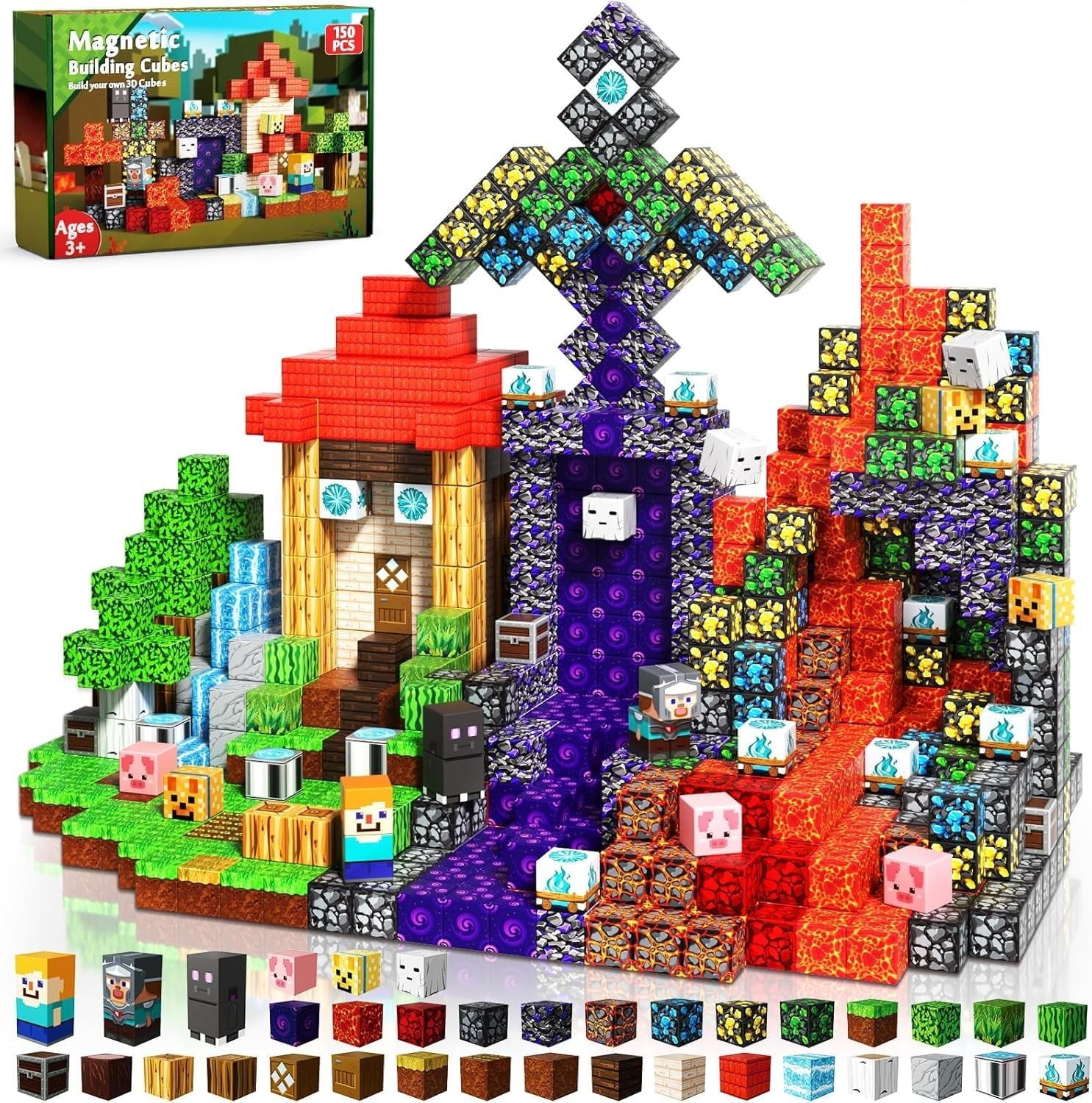MC Pixelated Magnetic Building Blocks - 150 PCS Magnetic Blocks Cubes ...