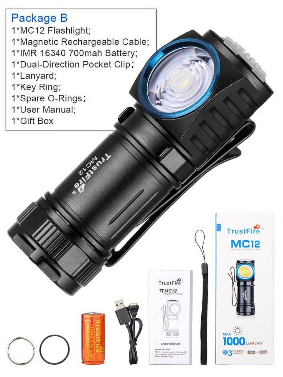 MC12 EDC Powerful LED Flashlight 1000Lumens Magnetic Rechargeable Head ...