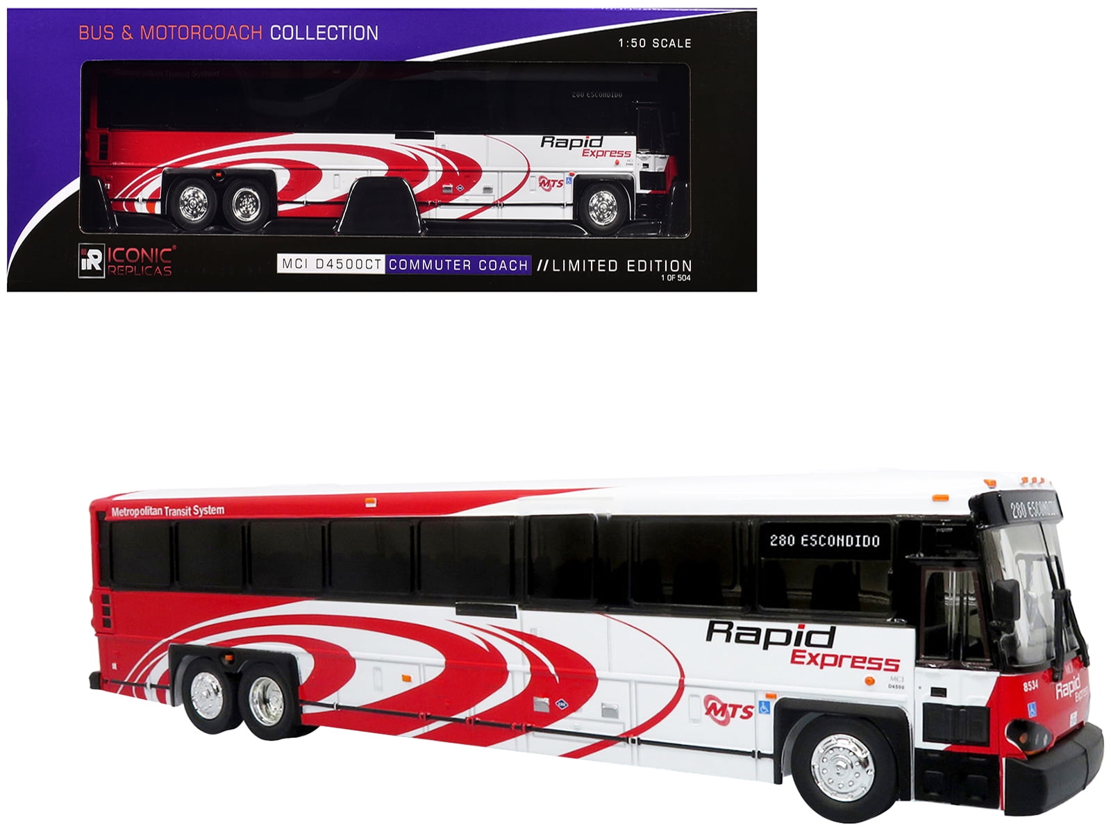 MCI D4500CT Commuter Coach Bus "San Diego MTS Rapid Express" White and ...