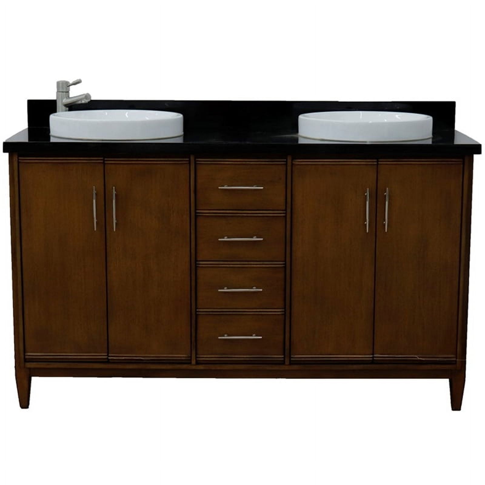 MCM 61" Double Round Sink Vanity with Black Granite Stone in Walnut ...