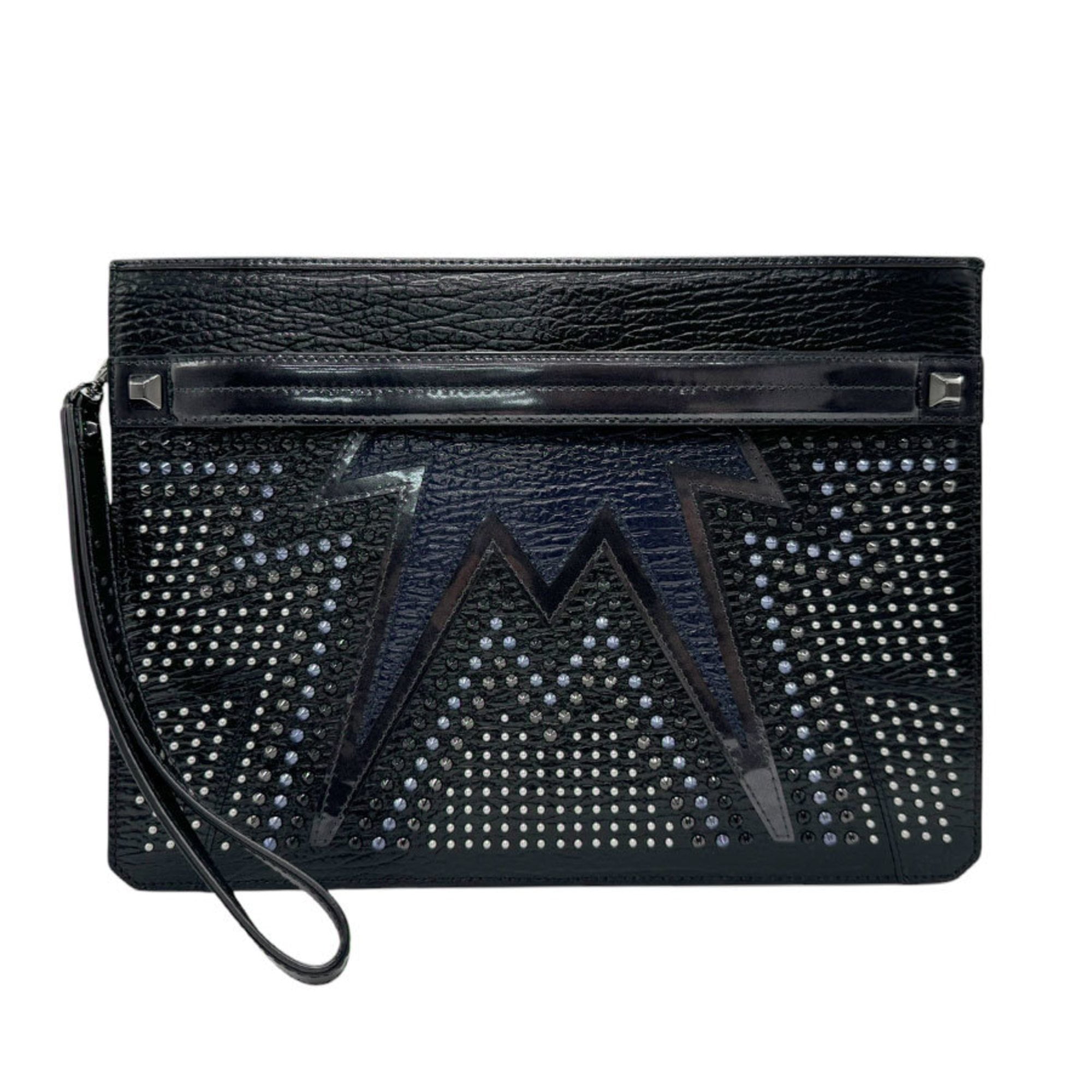 Pre-Owned MCM Clutch Bag Leather Patent Black x Navy Men's z3267 (Good ...