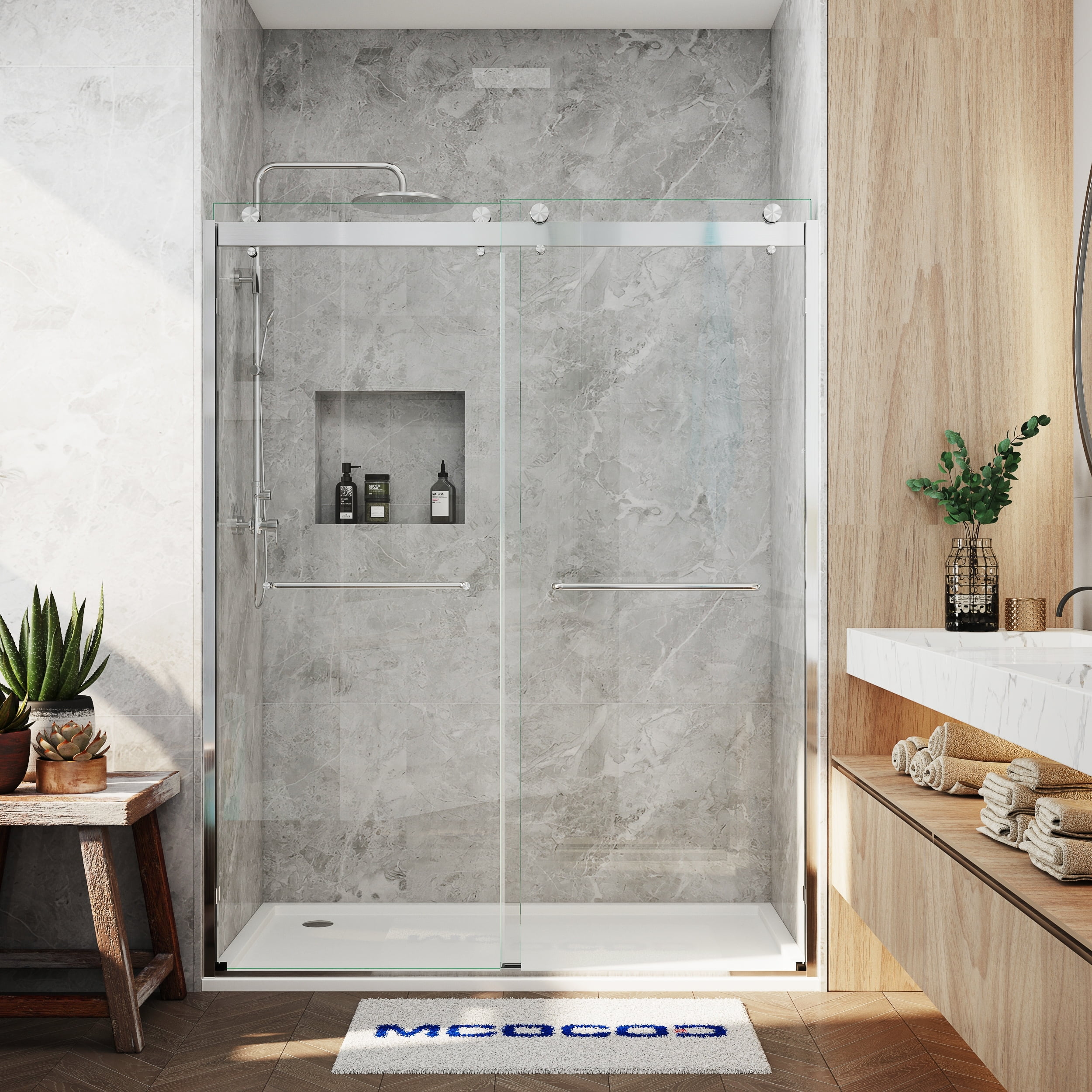 Mcocod 56 To 60 In W X 76 In H Semi Frameless Double Sliding Shower Door 38 10 Mm Clear