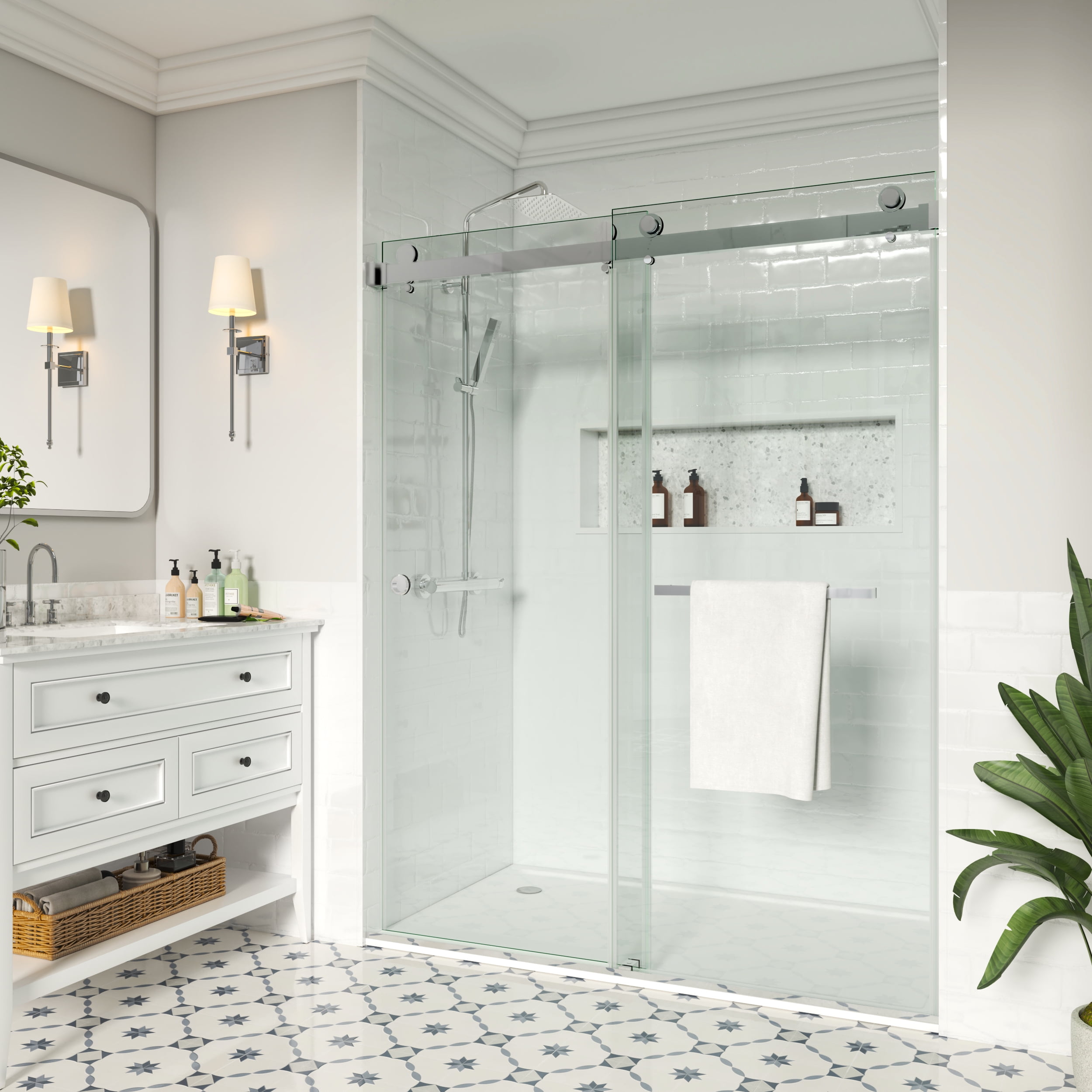 MCOCOD 56 to 61 in. W x 72 in. H Frameless Double Sliding Shower Door ...