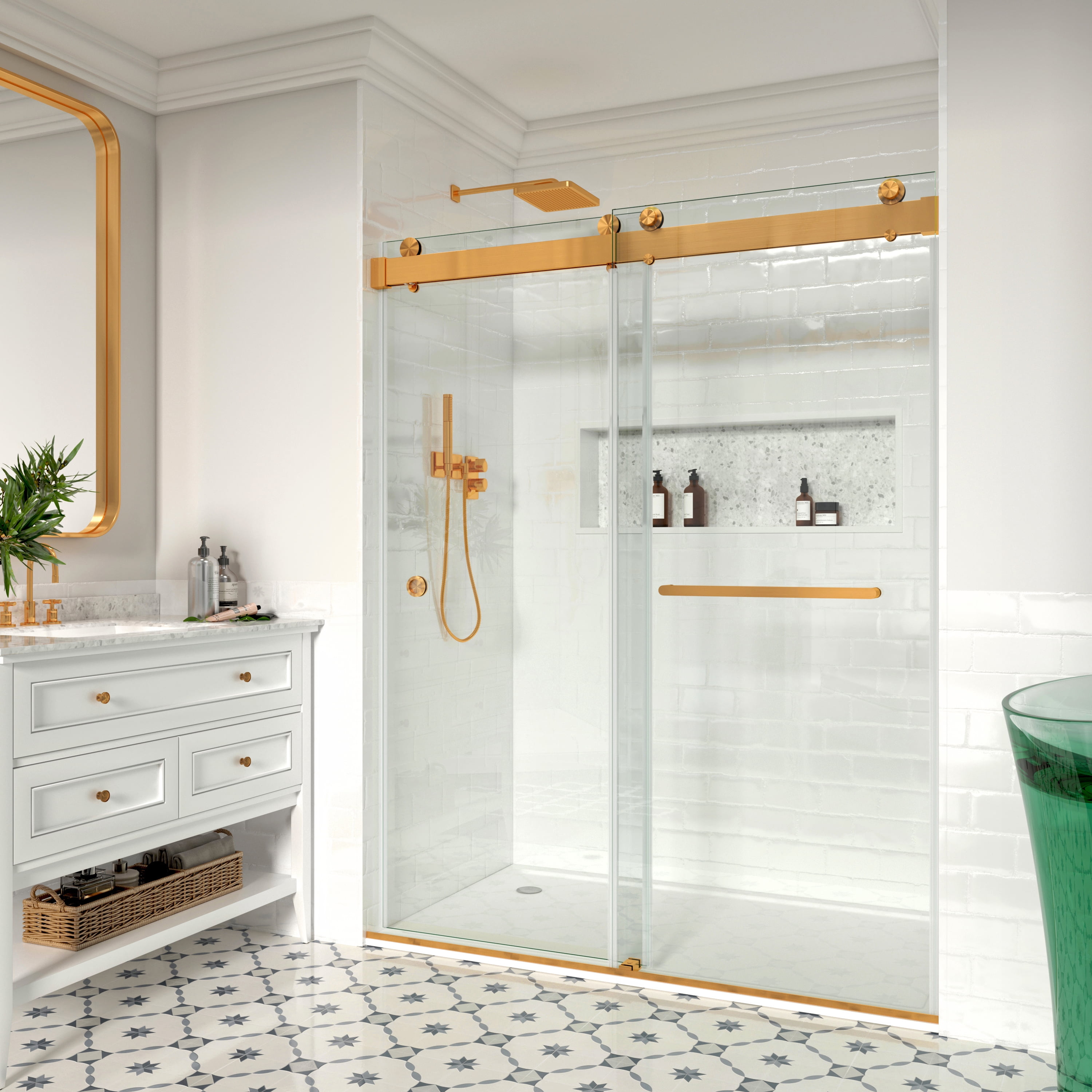 MCOCOD 56 to 61 in. W x 76 in. H Frameless Double Sliding Shower Door with Soft-Closing, 3/8 ...