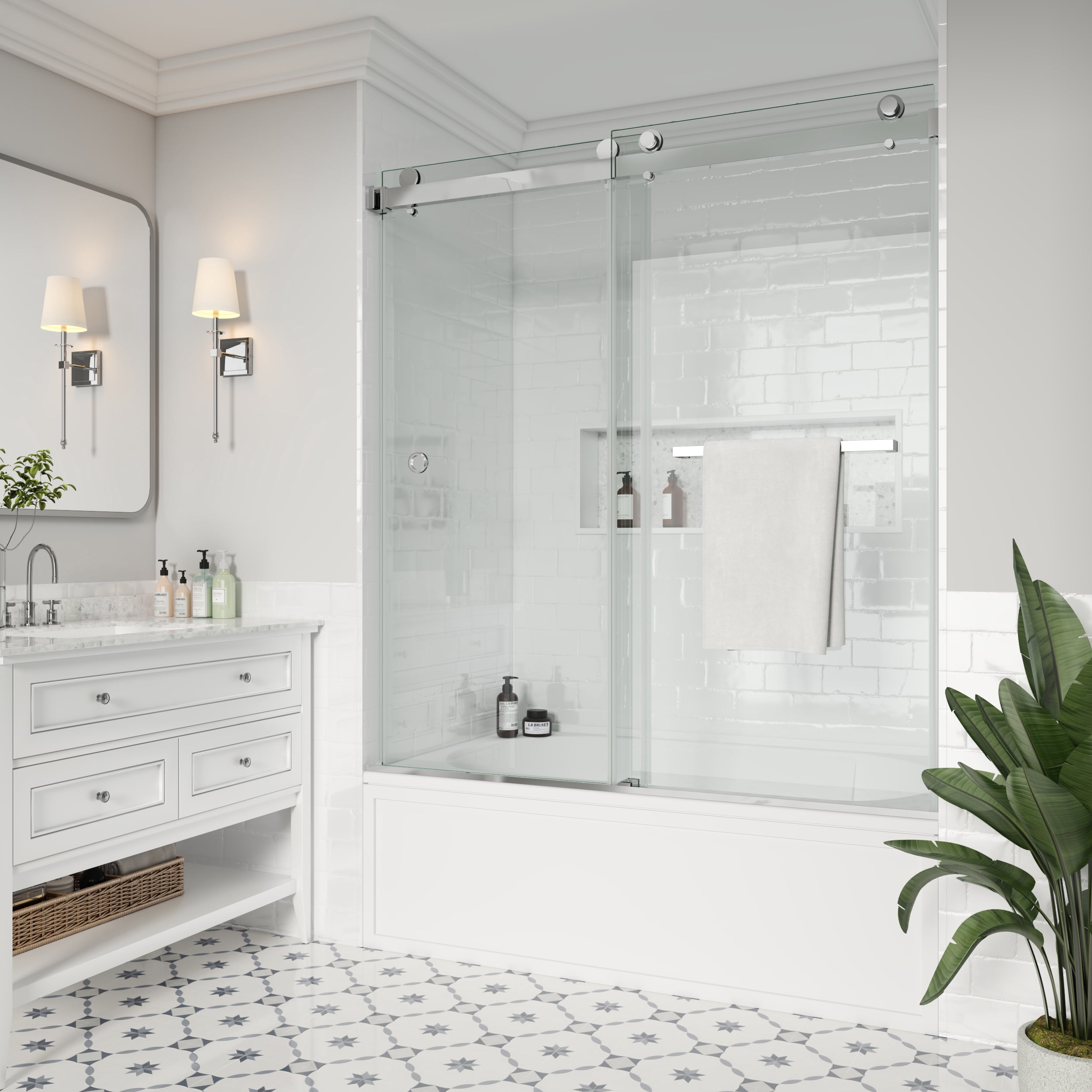MCOCOD 56 to 61 in. W x 60 in. H Frameless Double Sliding Tub Door, 3/8 ...