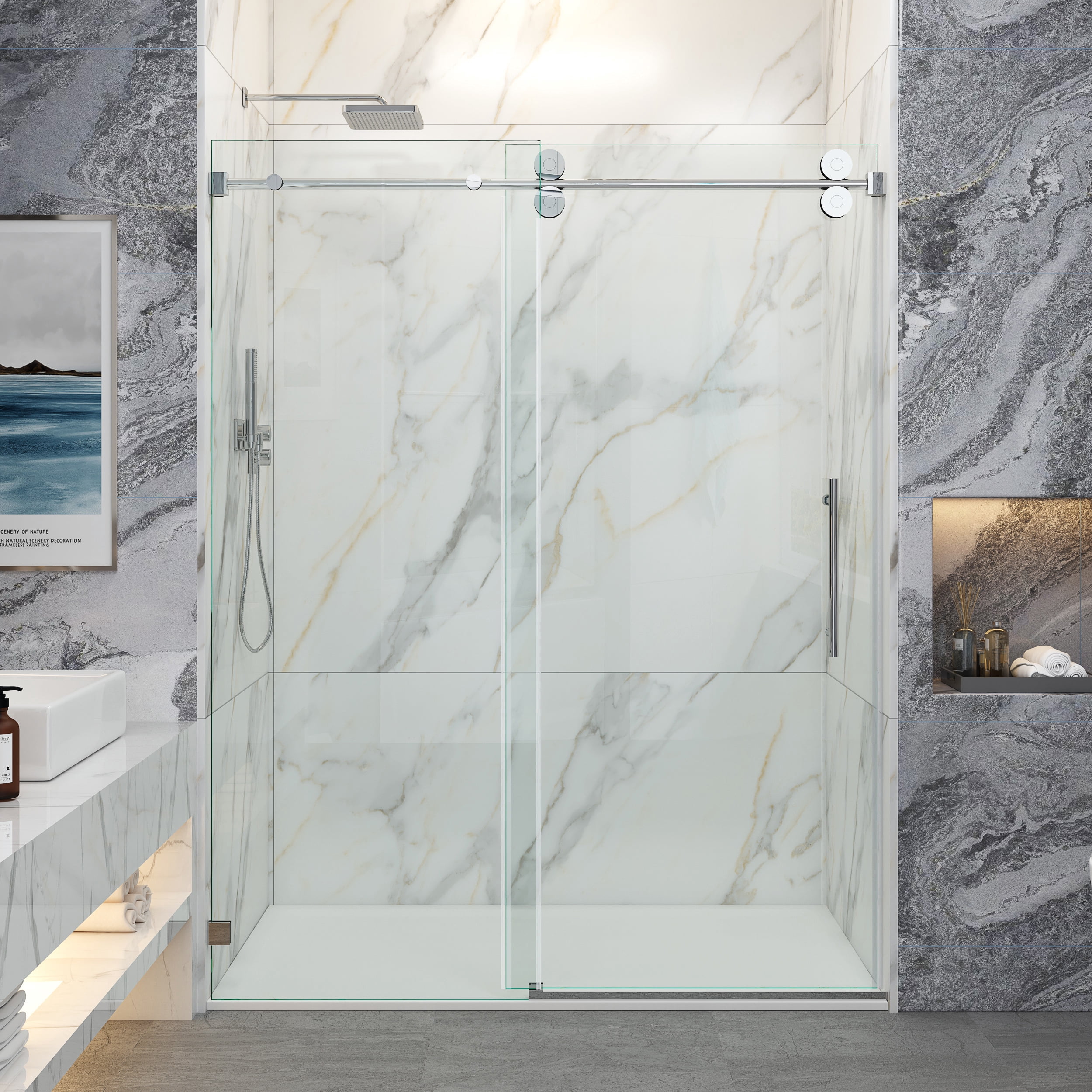 MCOCOD 57 to 60 in. W x 76 in. H Frameless Shower Door, 3/8" (10 mm ...