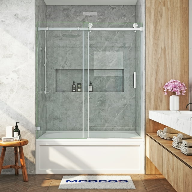 MCOCOD 57 to 60 in. W x 66 in. H Frameless Single Sliding Tub Door, 3/8" (10 mm) Clear Tempered ...