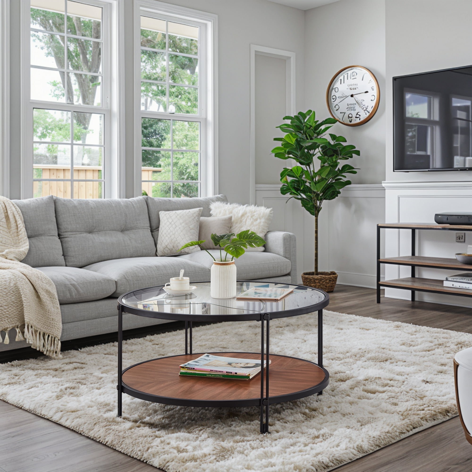 MCPRST 32-inch Double-Layer Coffee Table, Round Glass Center Table ...