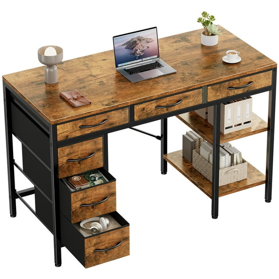 MCQ 47 Inch Computer Desk include 6 Drawers with 2 Empty Shelves, Rust ...
