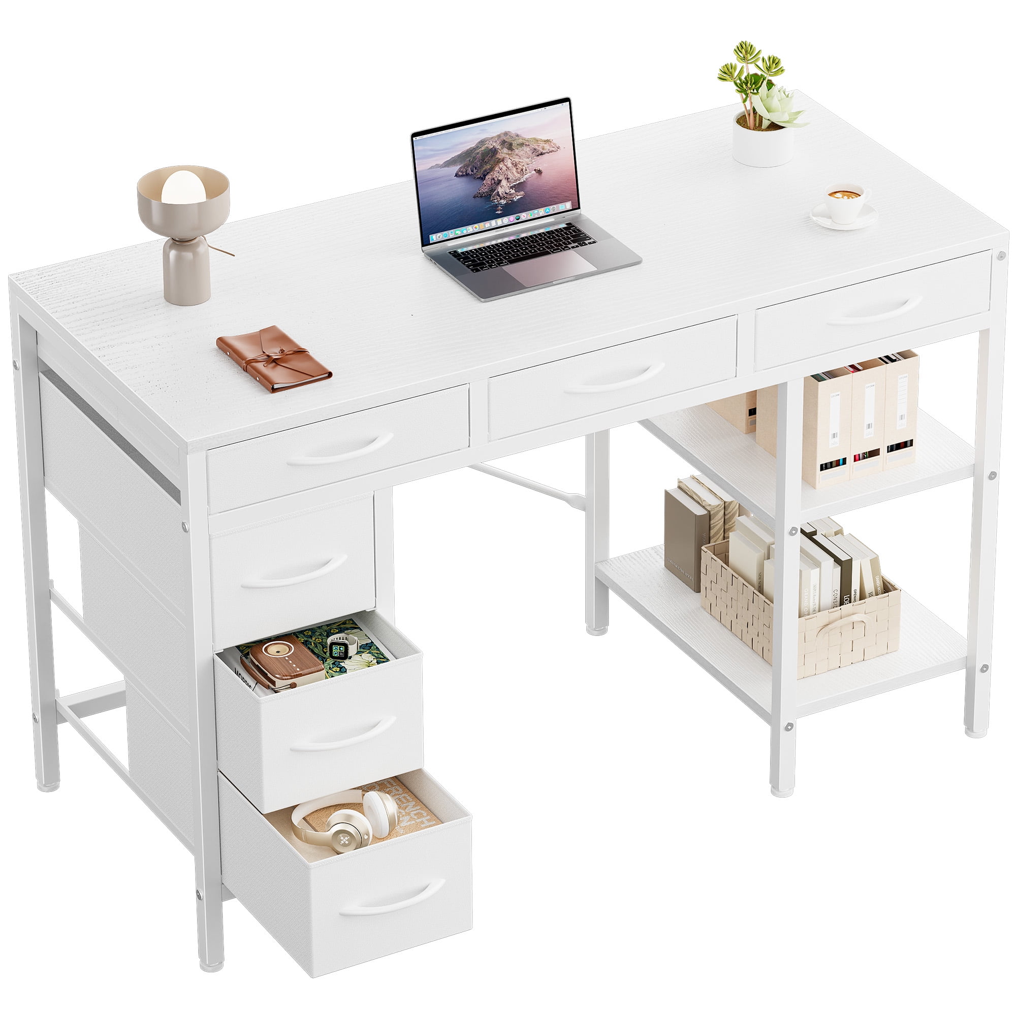 MCQ 47 Inch Computer Desk include 6 Drawers with 2 Empty Shelves, White ...
