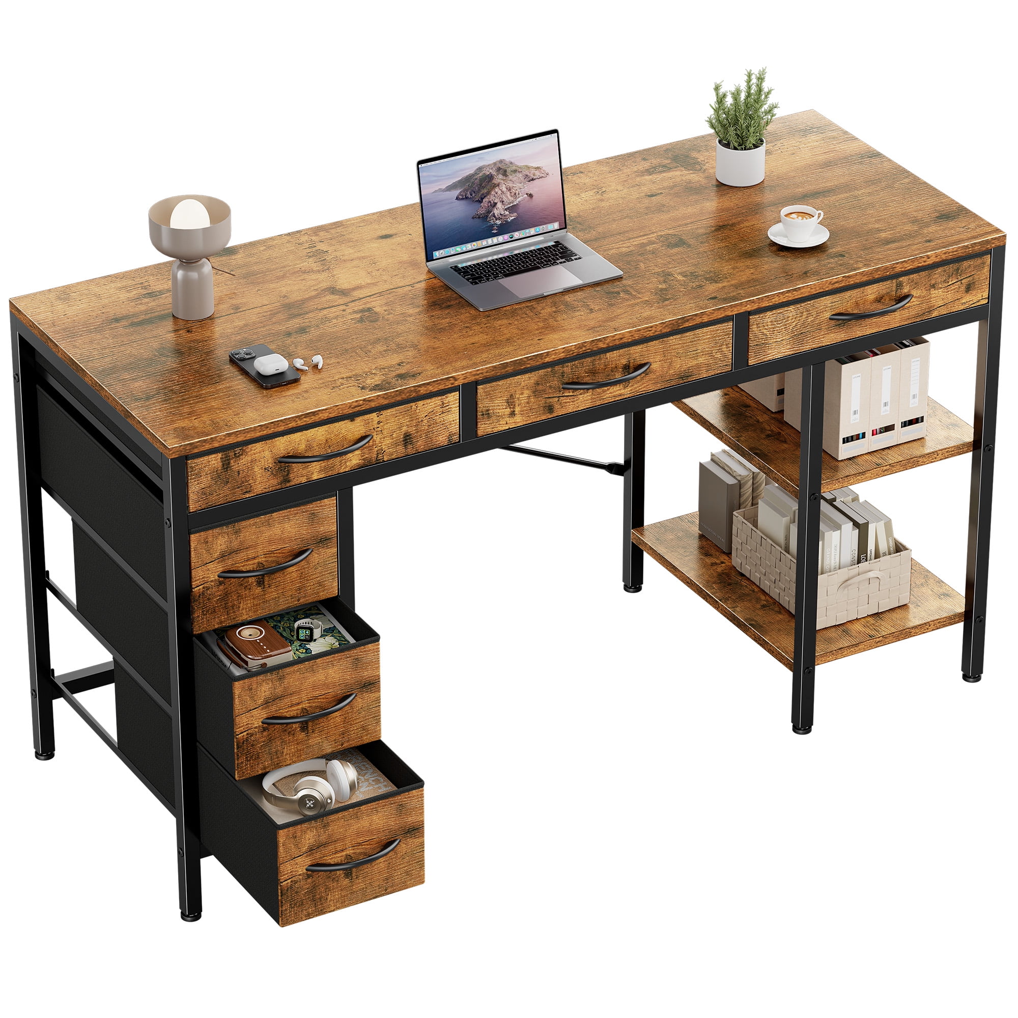 MCQ 55 Inch Computer Desk include 6 Drawers with 2 Empty Shelves, Rust ...
