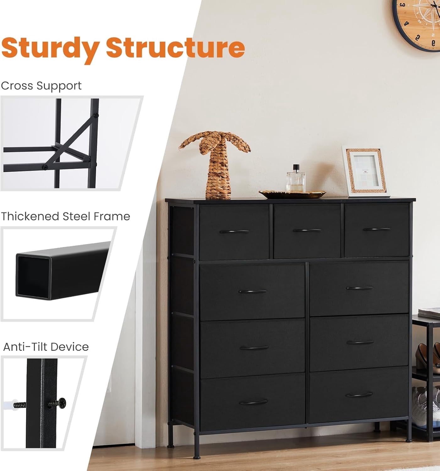 MCQ 9-Drawer Fabric Dresser, TV Cabinet Sideboard, Storage Organizer ...