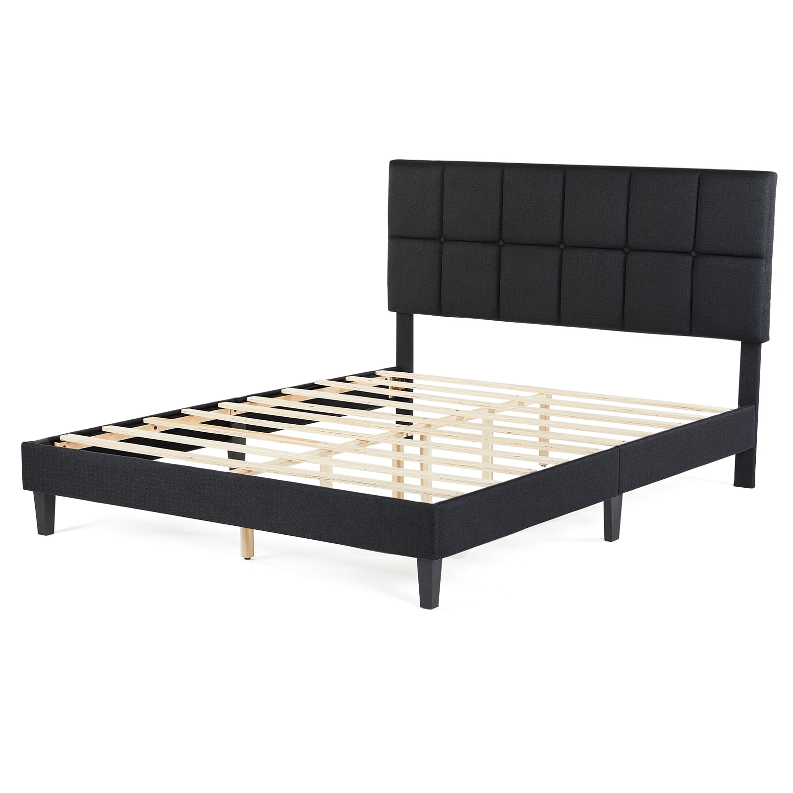 MCQ Full Size Wood Bed Frame, Linen Upholstered Platform Bed with ...