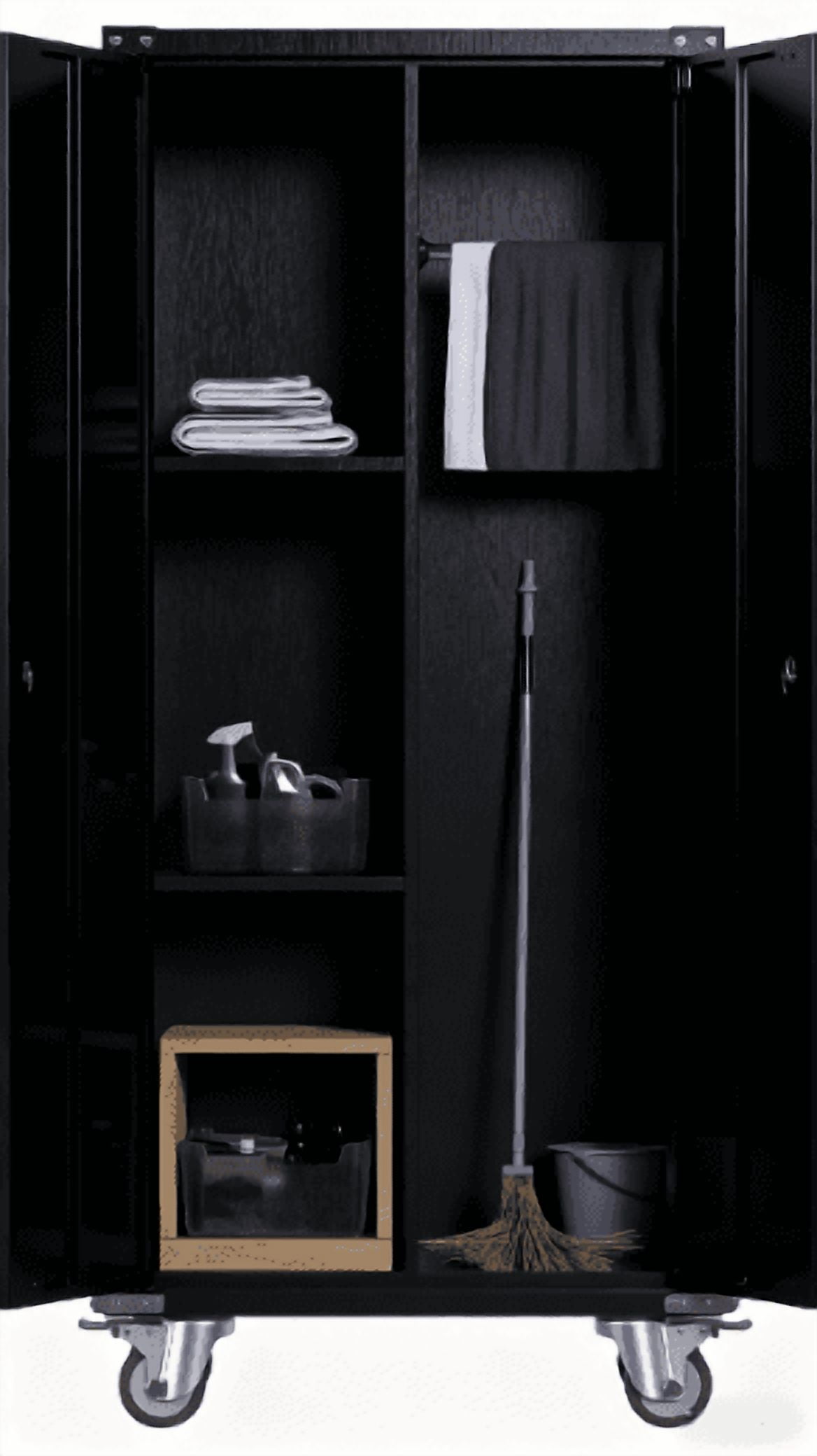 MCQ Metal Broom Storage Cabinet with Lock, Rolling Cleaning Tool ...