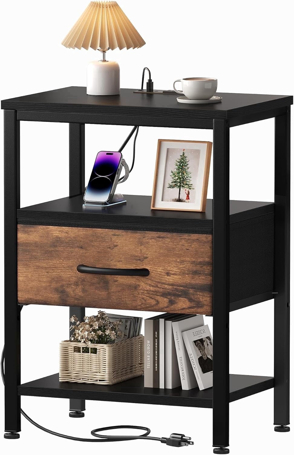 JIOABL 1 Drawer Nightstand with USB & Type-C Charging, Fabric Drawers ...