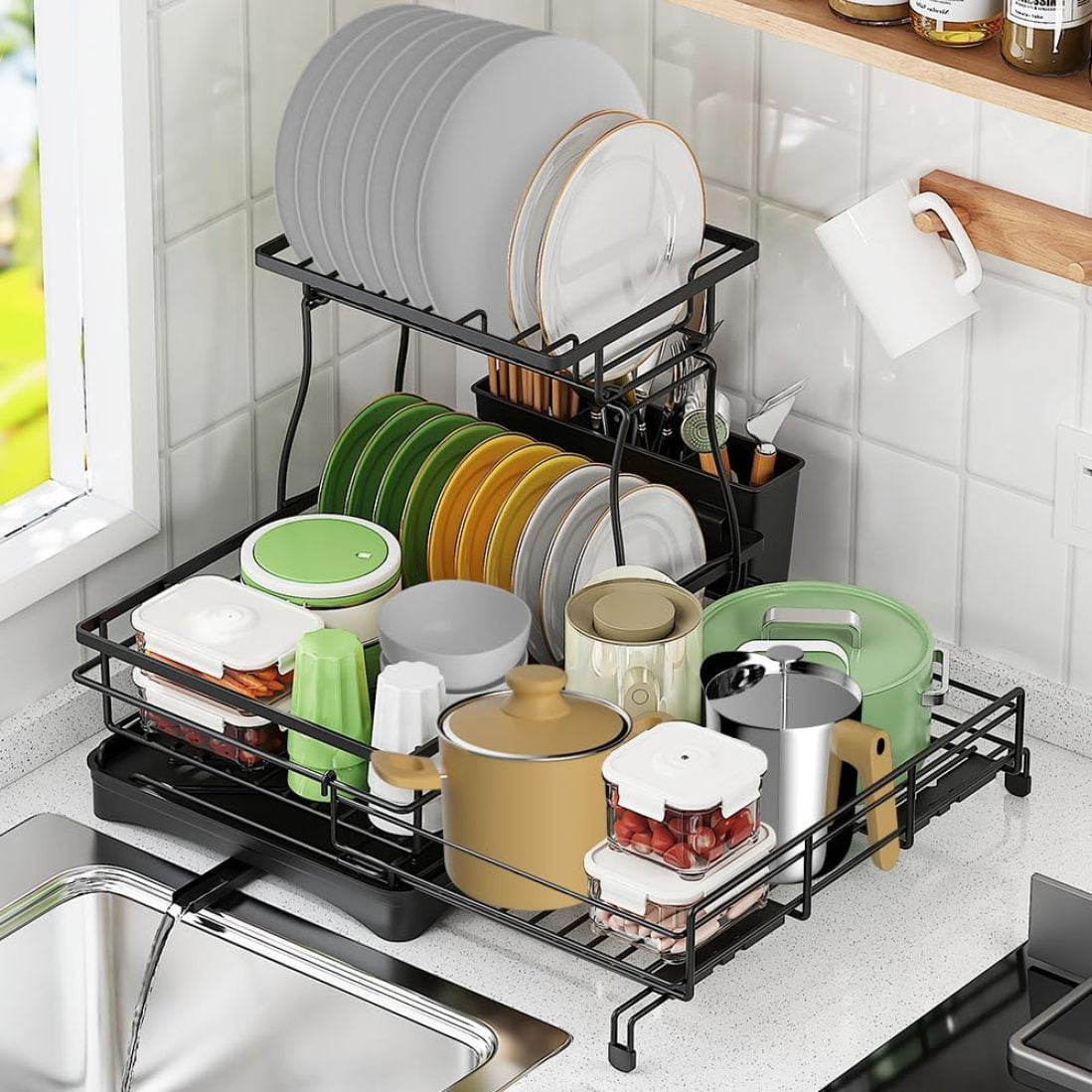 MCTZ 2 Tier Extendable Dish Drying Rack,Large Drying Drainer for ...