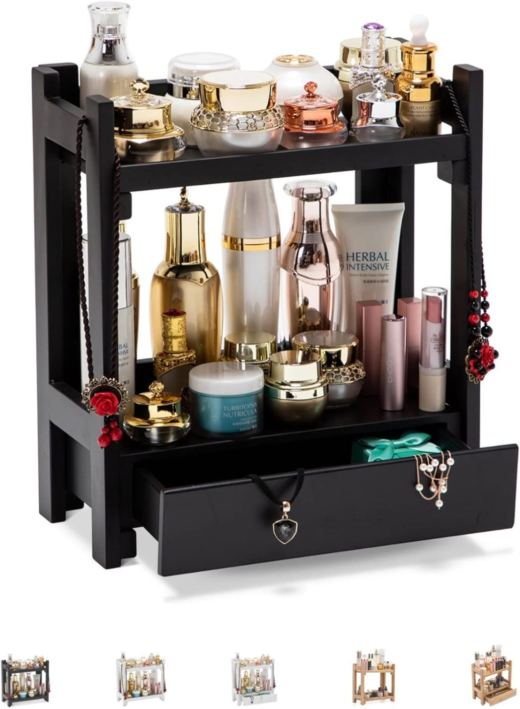 MCTZ Bamboo Makeup Organizer with Drawer, Black Vanity Storage Box ...