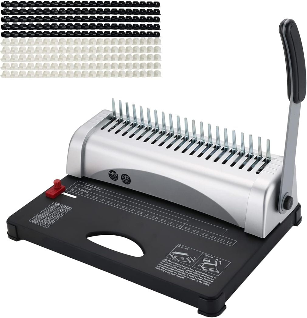 MCTZ Comb Binding Machine, 21-Holes, 450 Sheets, Paper Punch Binder with Starter Kit 100 PCS PVC ...