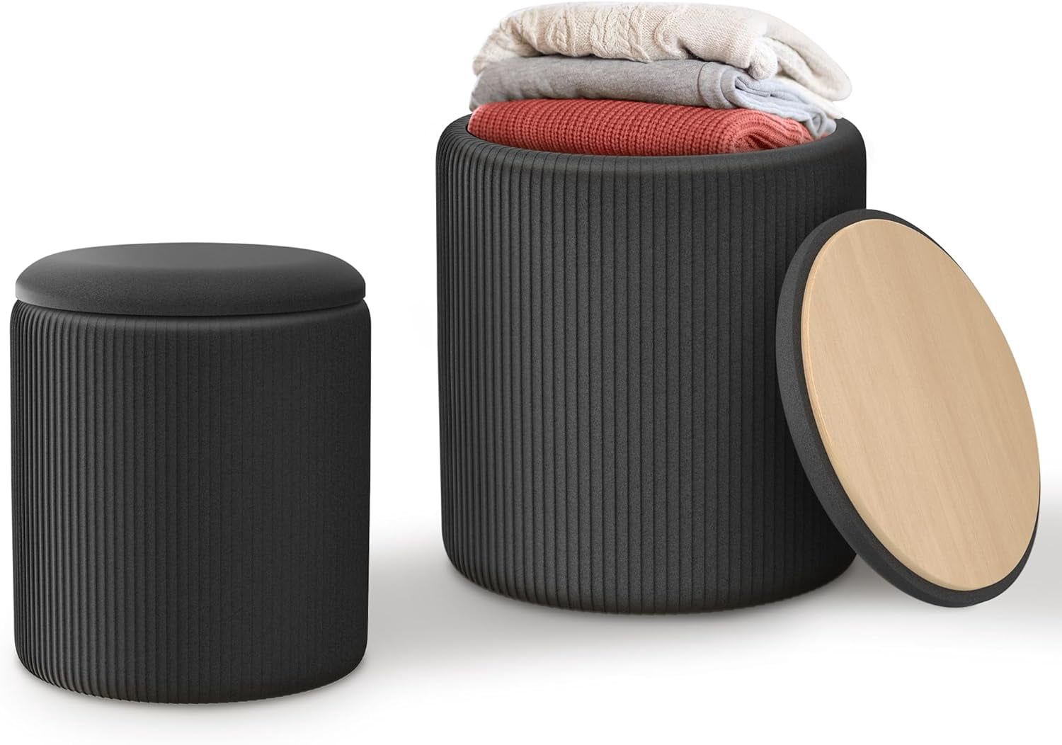 Round Ottoman with Storage, Velvet Vanity Stool, Multi Functional Small ...