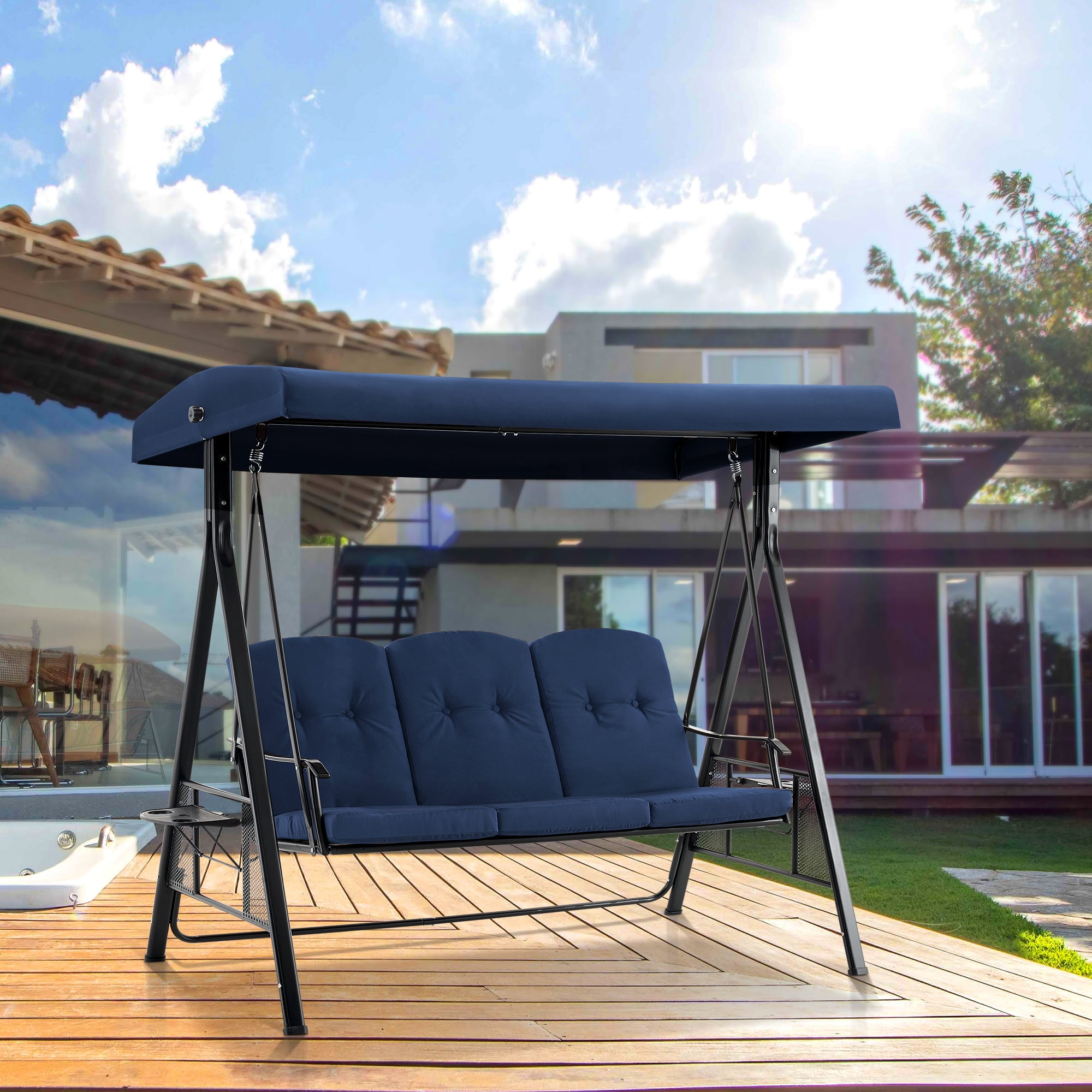 Mcombo Outdoor 3-Seat Patio Swing with Canopy, Stand & Adjustable Swing ...